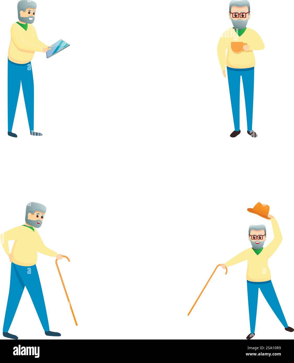 Active aging icons set cartoon vector. Positive cartoon senior ...