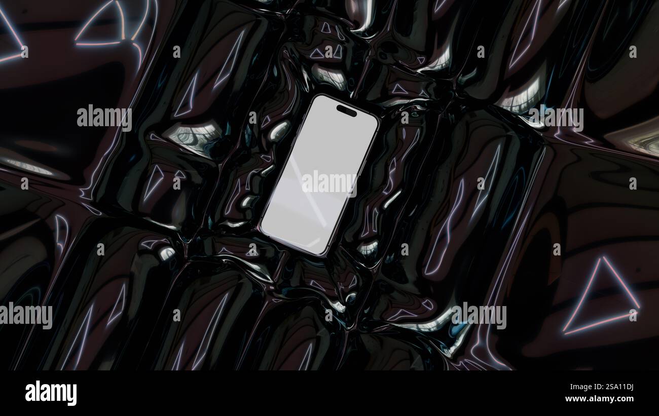 Smartphone mockup with blank screen on glossy black surface with ...