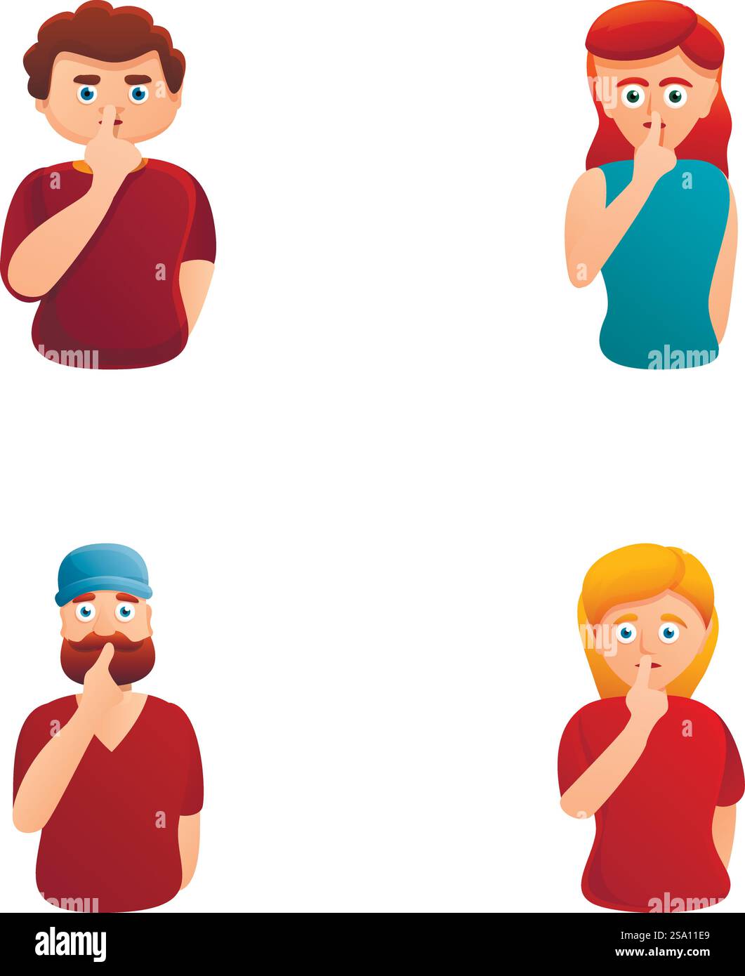 Silence icons set cartoon vector. Man and woman keep finger on lips ...