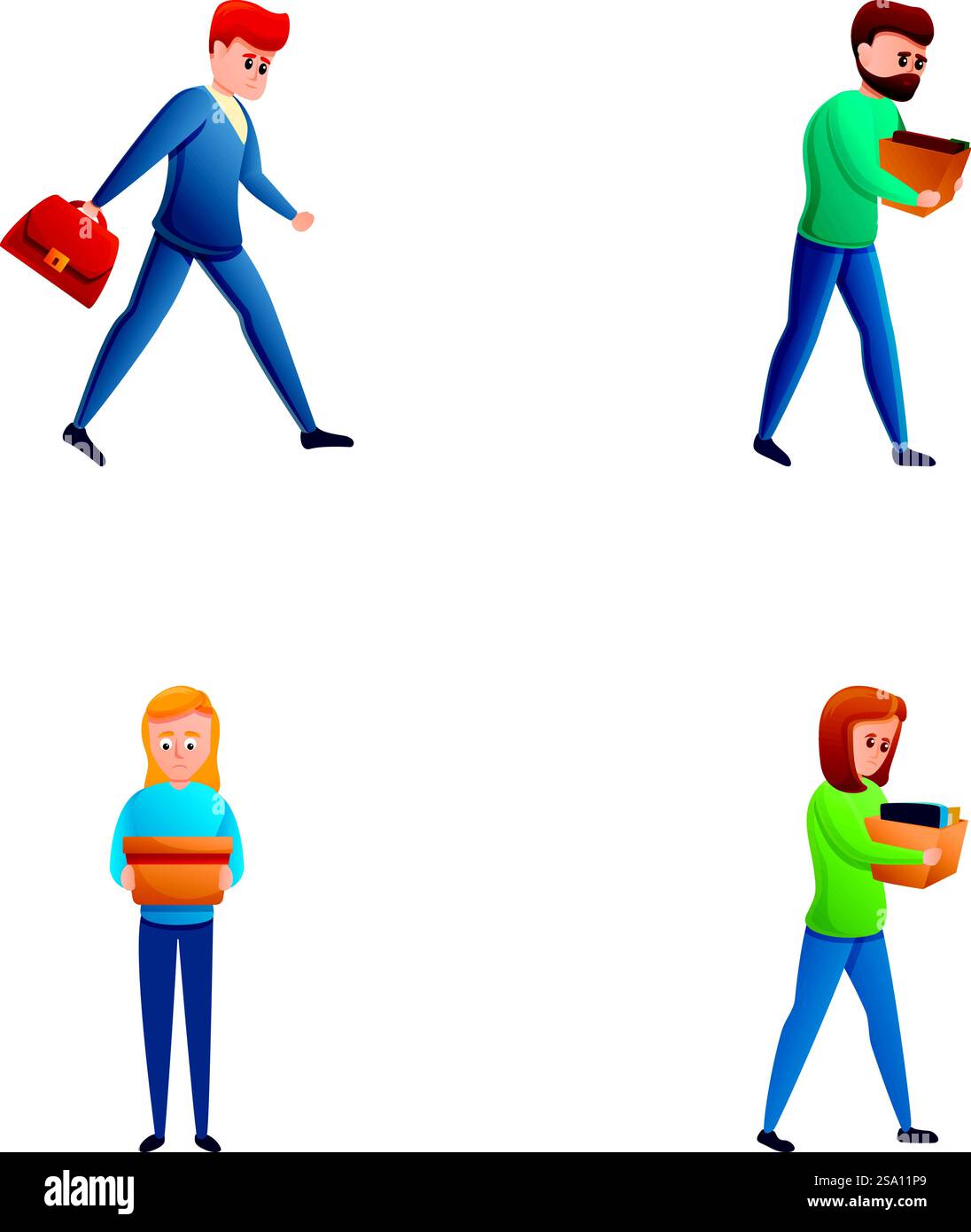 Fired employee icons set cartoon vector. Man and woman manager fired ...