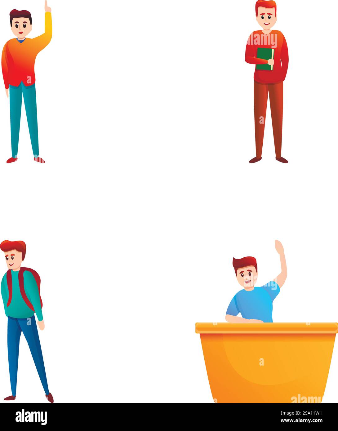 Offline training icons set cartoon vector. Young man in educational ...