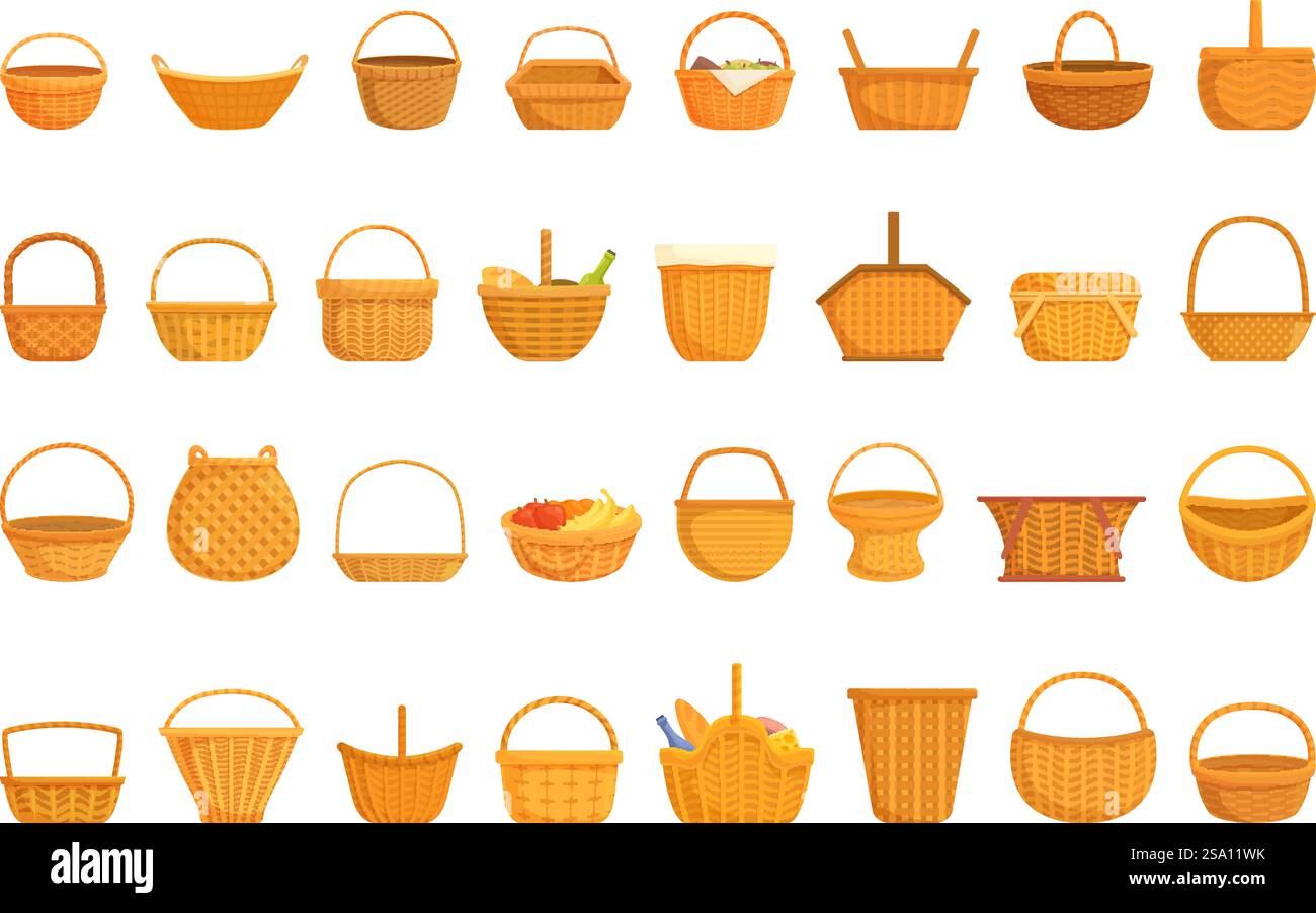 Wicker basket icons set cartoon vector. Picnic snack wicker. Meal party ...
