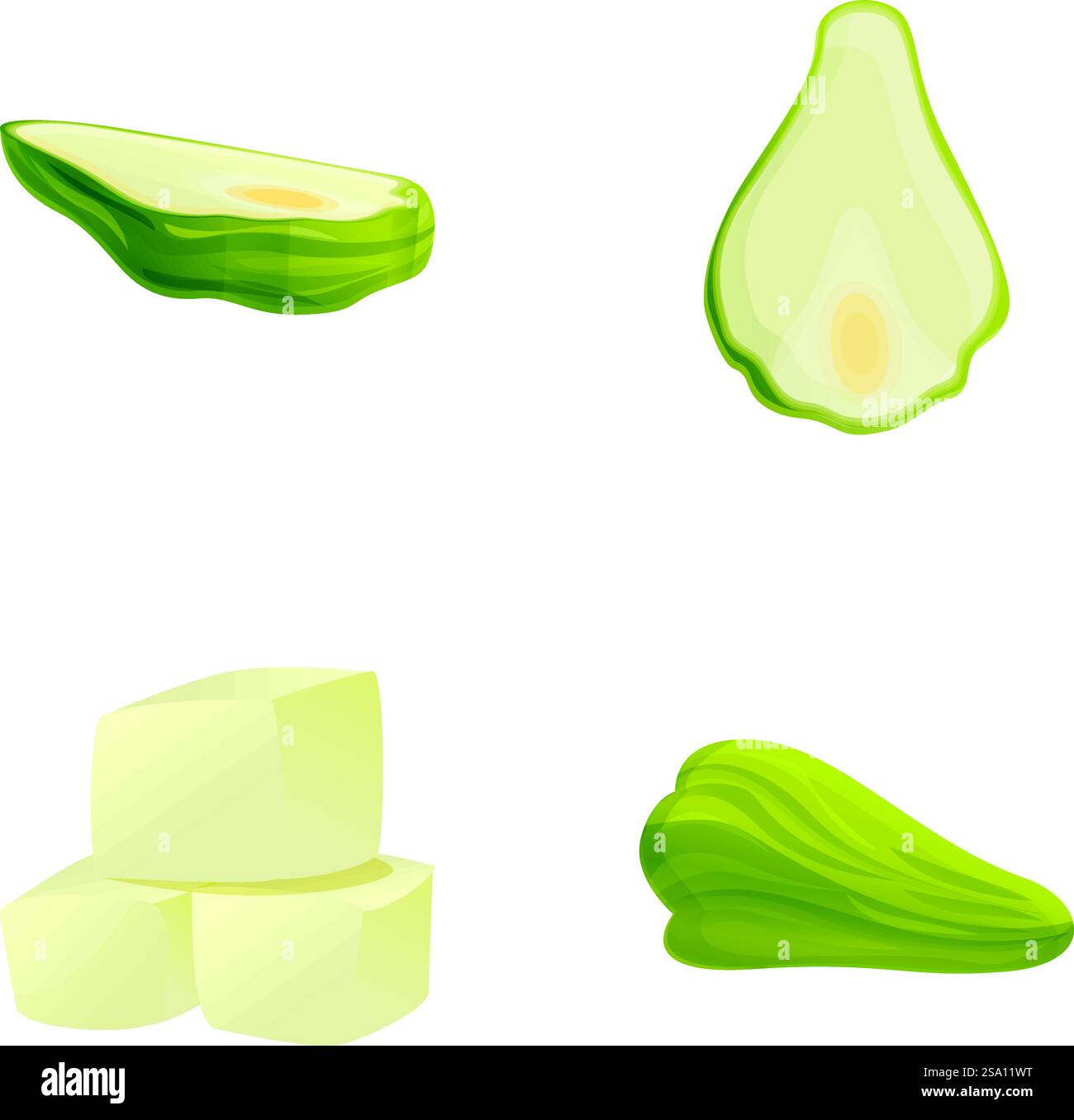 Cut chayote icons set cartoon vector. Sliced fresh organic chayote ...
