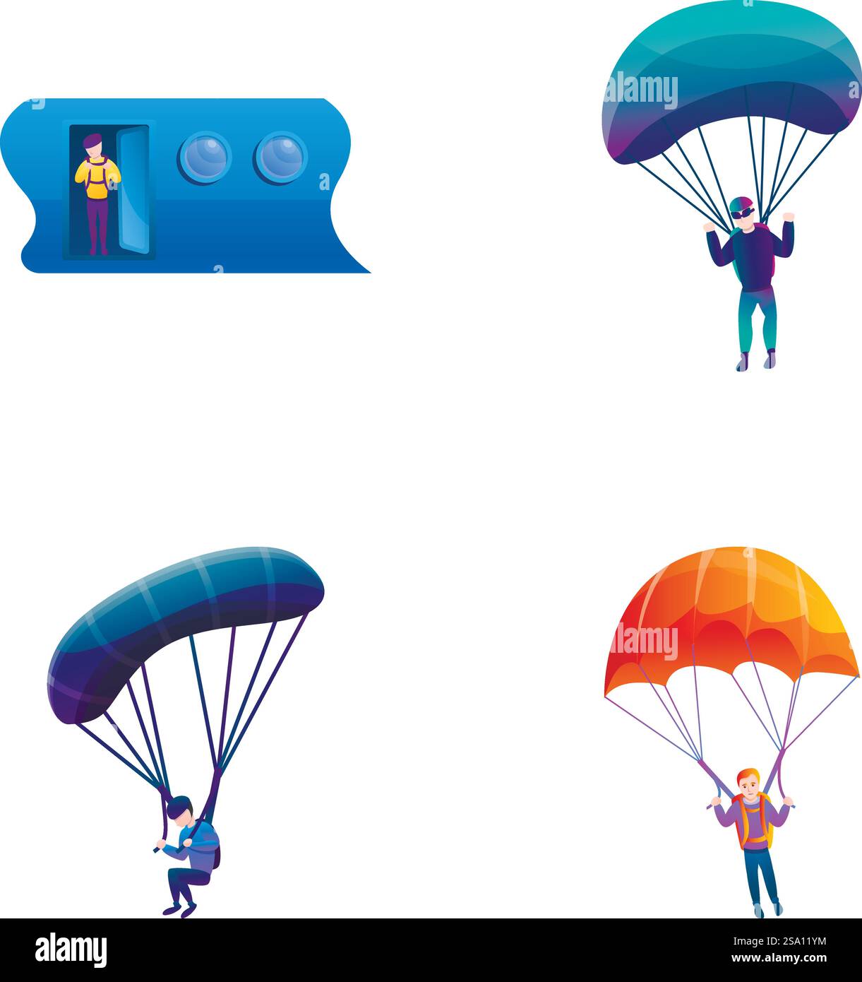 Skydiving icons set cartoon vector. Male skydiver during jump. Extreme ...