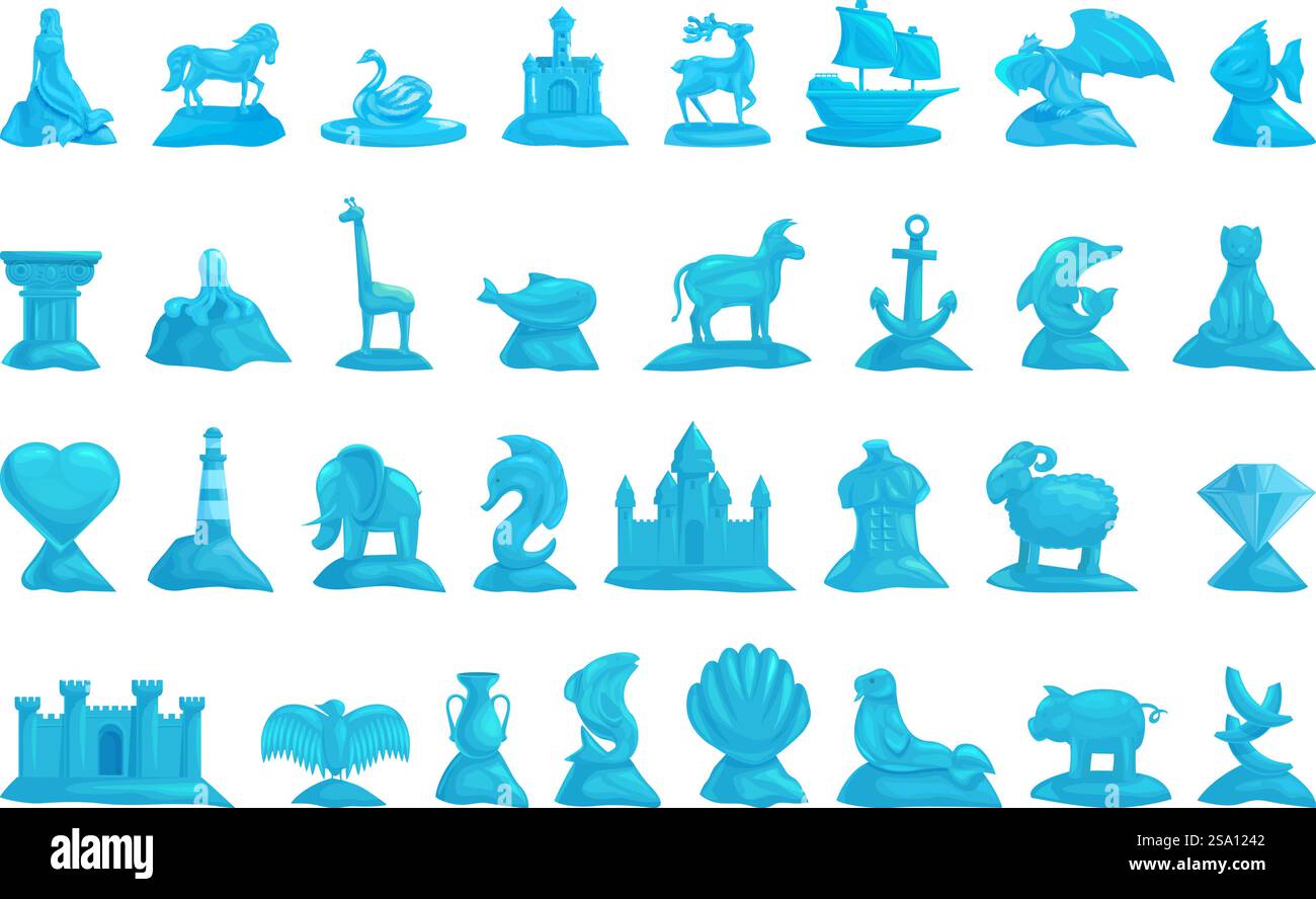 Ice sculpture icons set cartoon vector. Animals mermaid. Statue blue ...