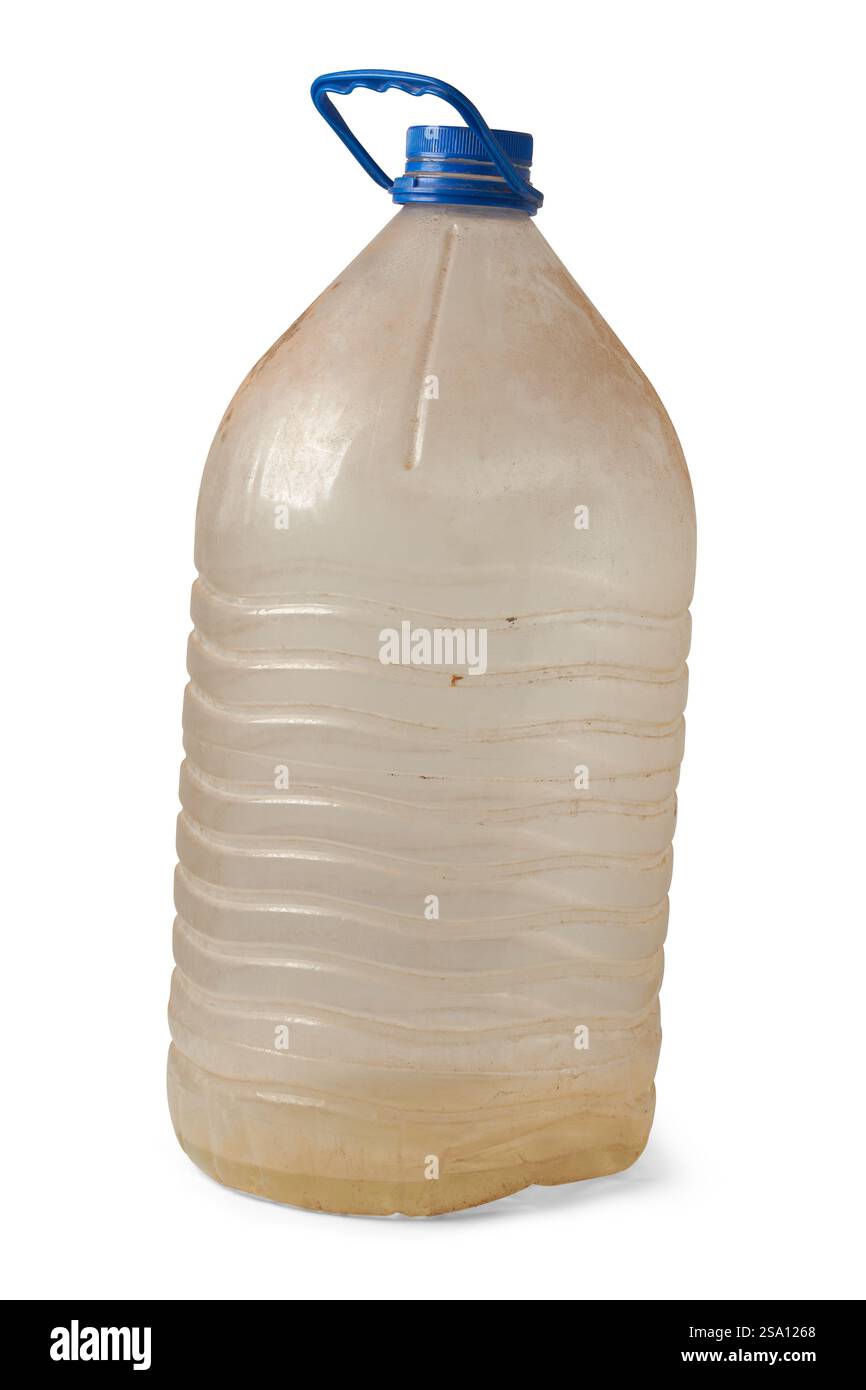close-up of old dirty water bottle isolated white background, waste ...