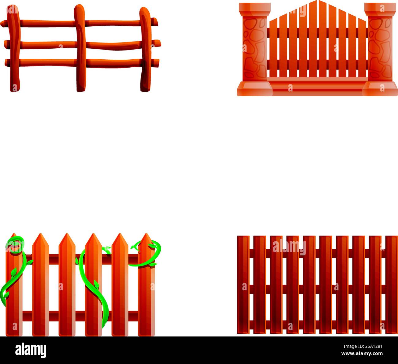 Wooden fence icons set cartoon vector. Different type of wood fence ...