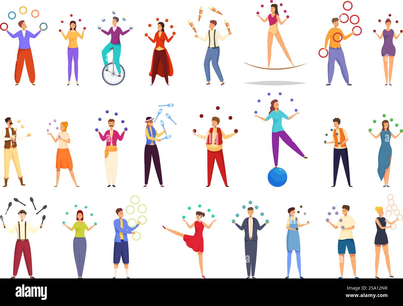 Juggler icons set cartoon vector. Circus trick artist. Ring ball rope ...