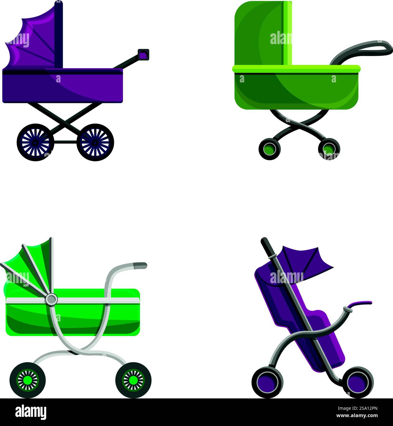 Baby pram icons set cartoon vector. Colorful baby carriage. Child ...