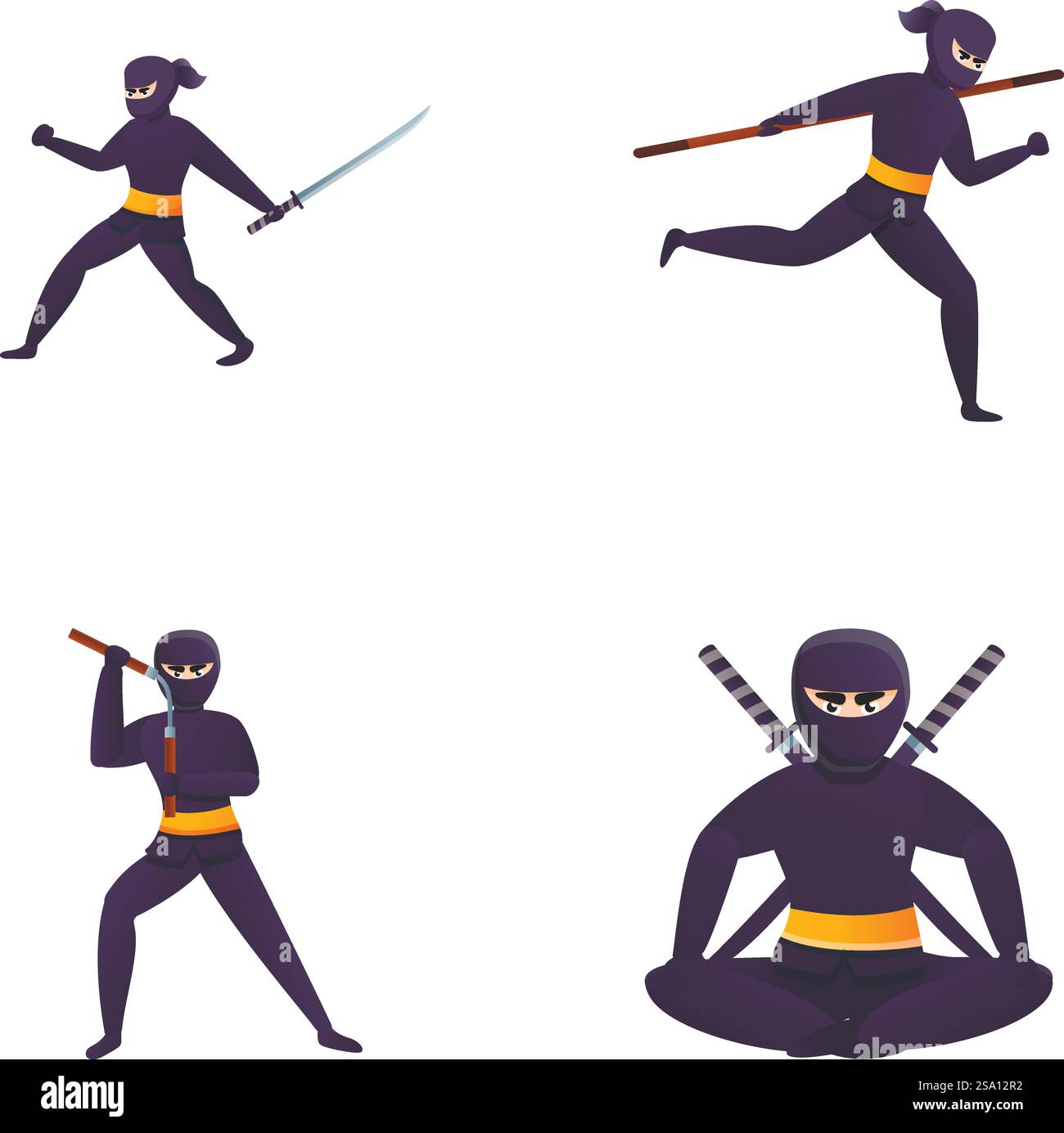 Ninja icons set cartoon vector. Ninja character in fighting pose. Asian ...