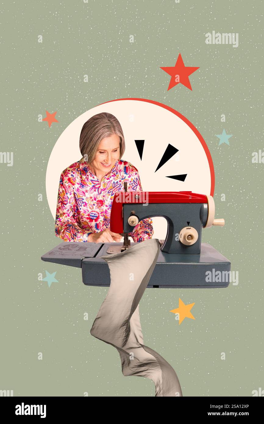 Vertical art creative trend collage of happy old woman sit workplace sewing machine tailor ...