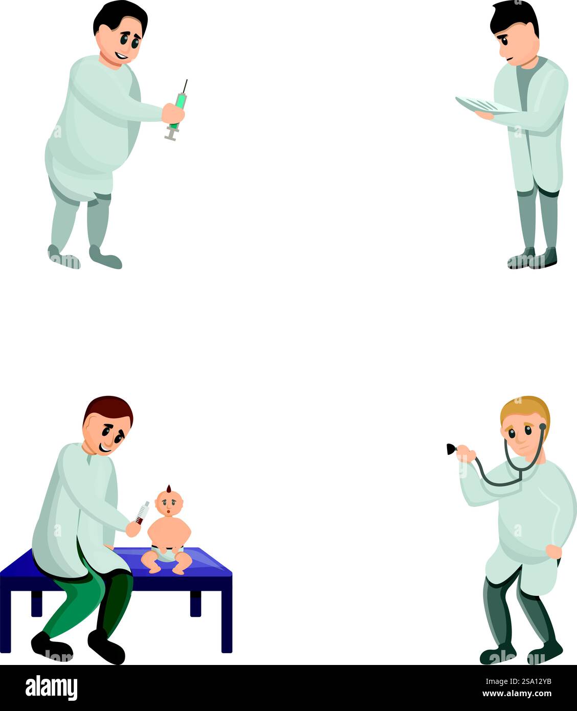 Pediatrics icons set cartoon vector. Doctor examining little patient ...