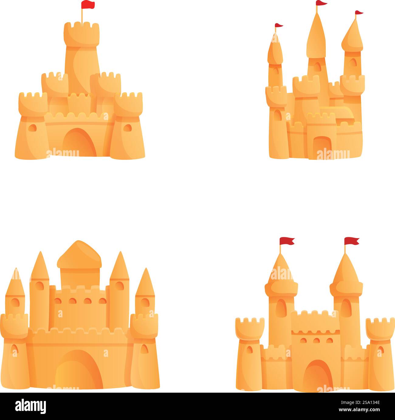 Castle icons set cartoon vector. Different sand castle with flag on ...