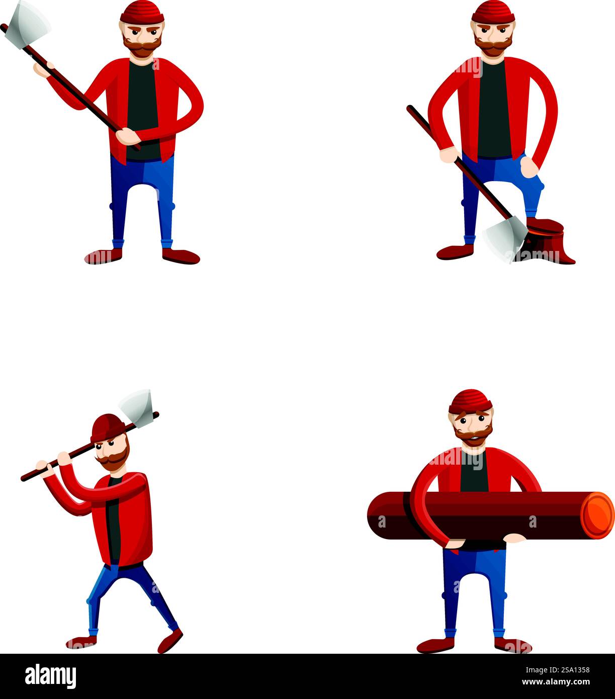 Woodcutter icons set cartoon vector. Man lumberjack while working ...