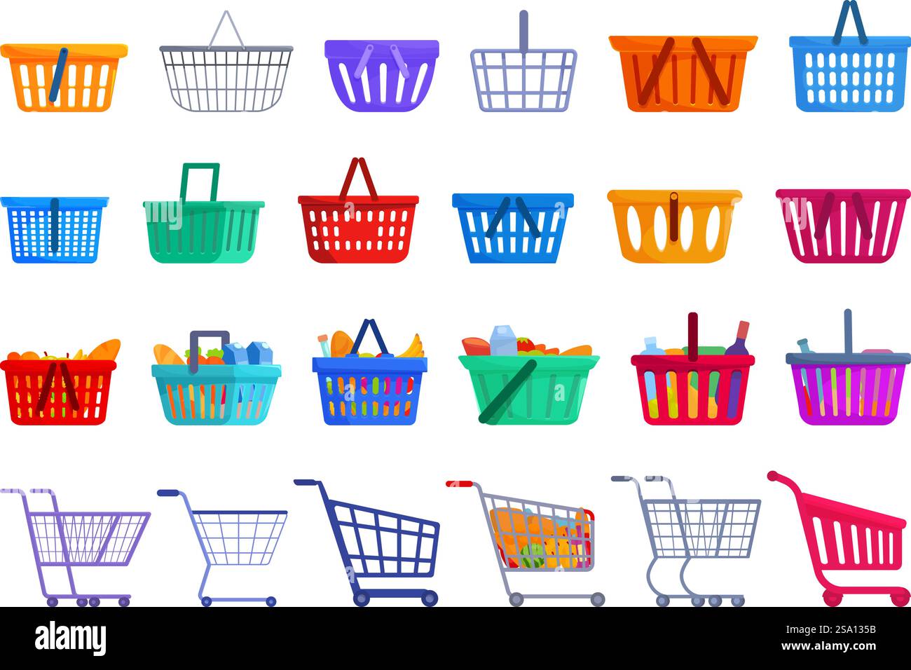 Consumer cart grocery icons set cartoon vector. Shopping plastic ...