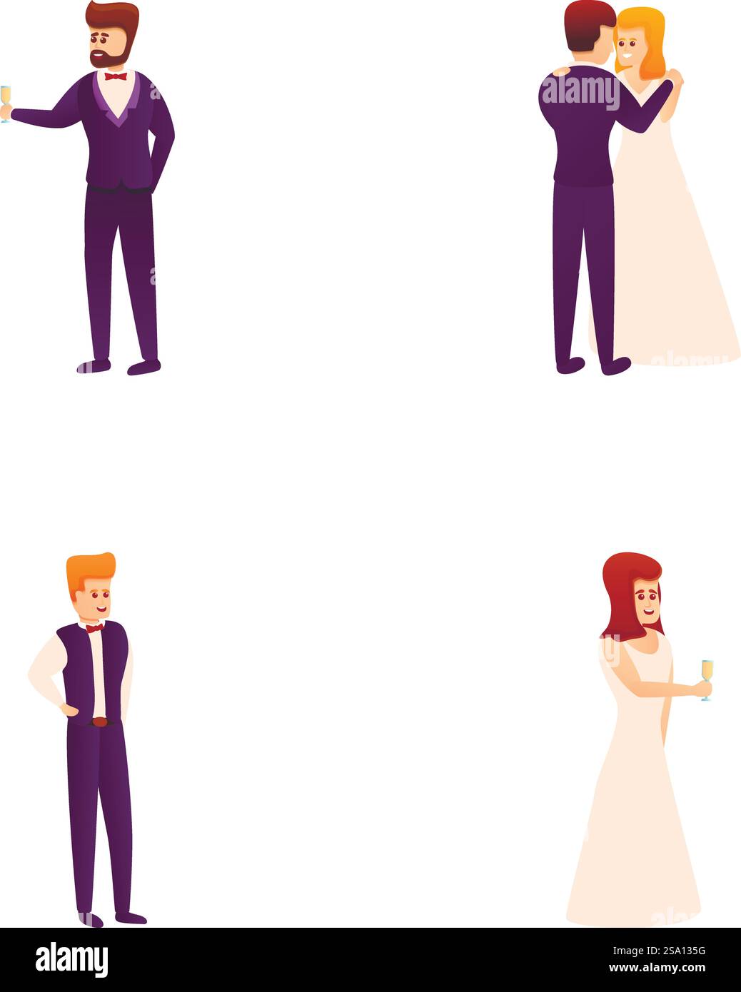 Wedding day icons set cartoon vector. Bride and groom with glass of ...