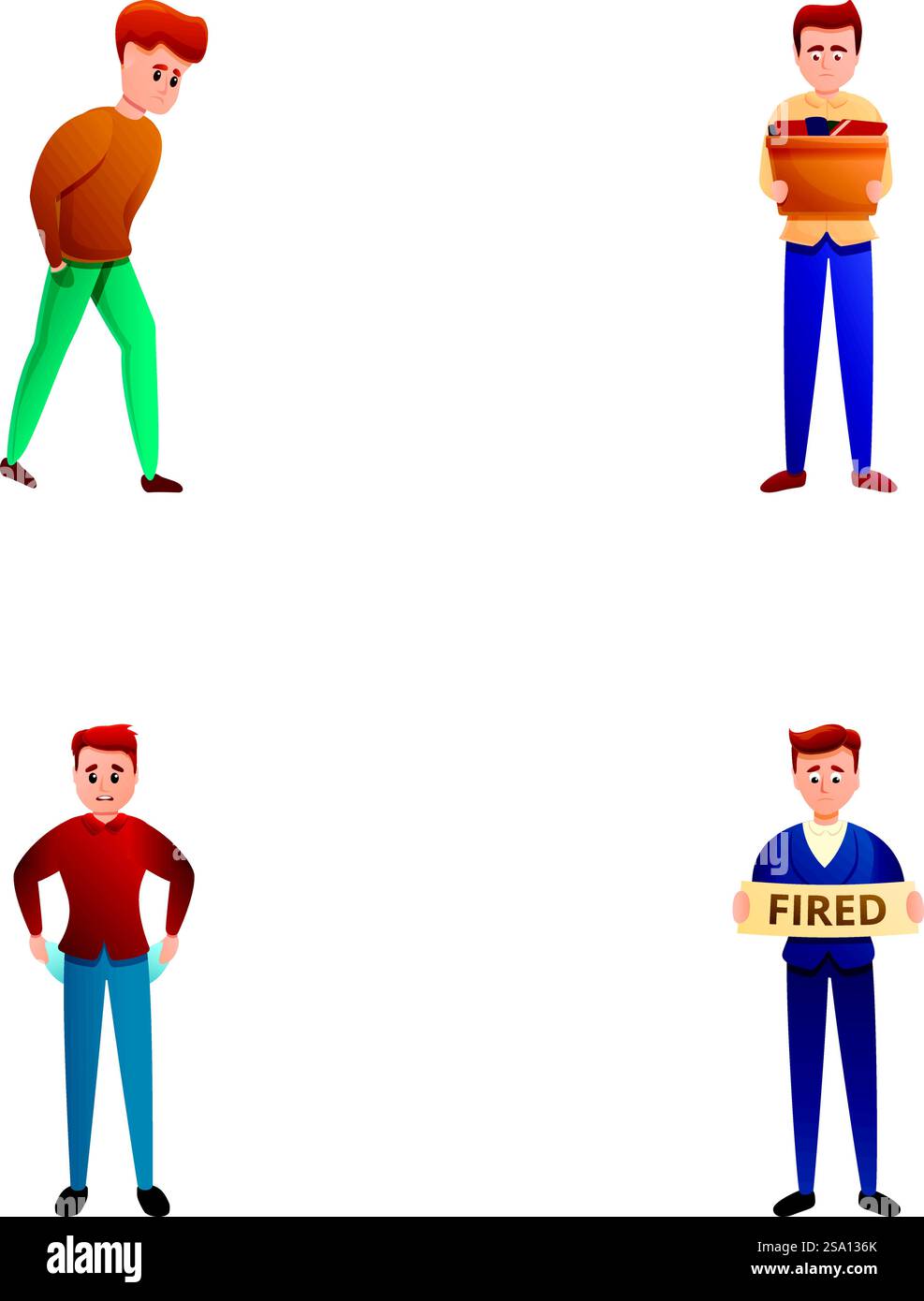 Fired manager icons set cartoon vector. Sad man employee with walking ...