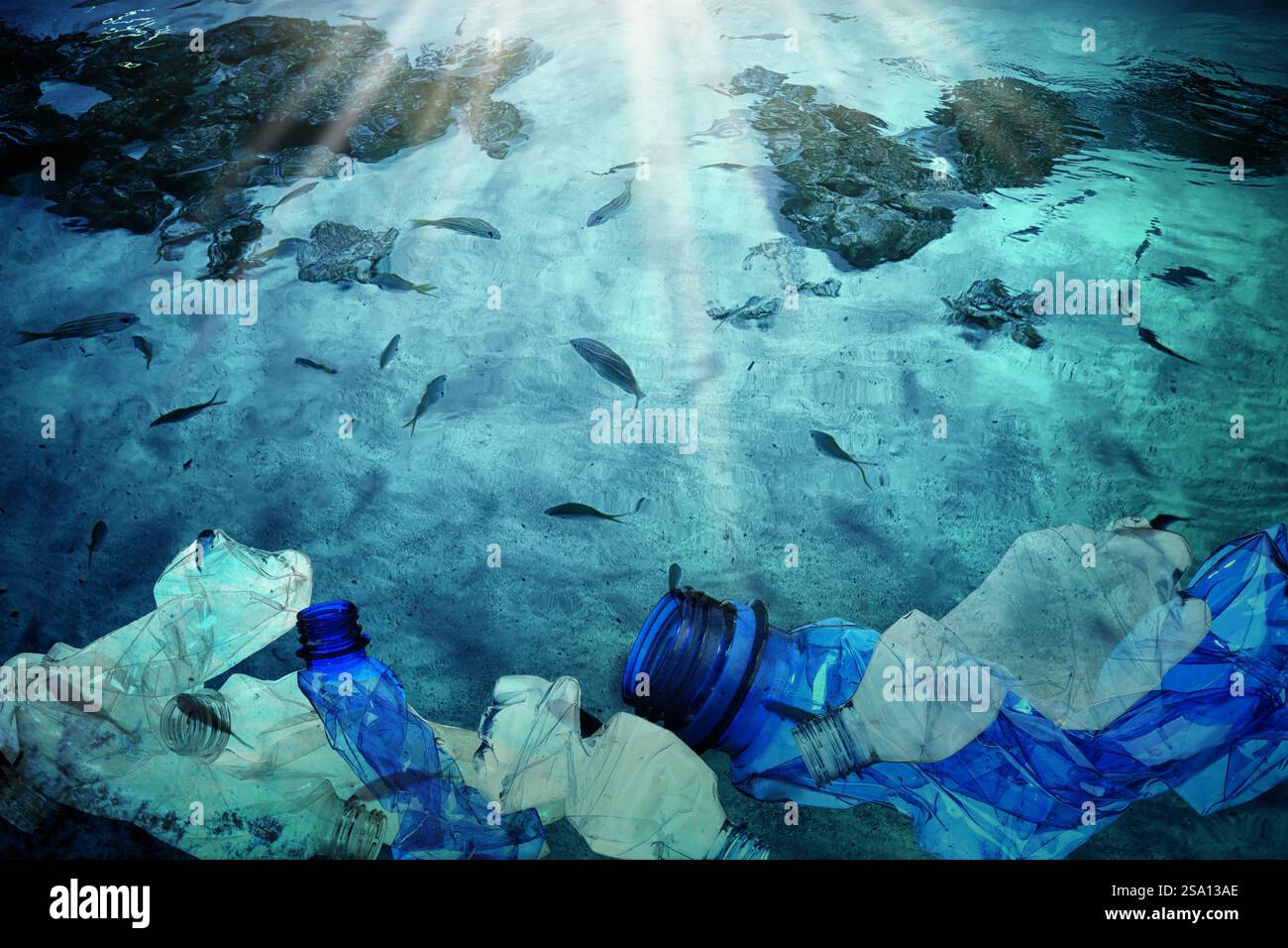 Environmental pollution. Ocean water with fish and plastic garbage ...