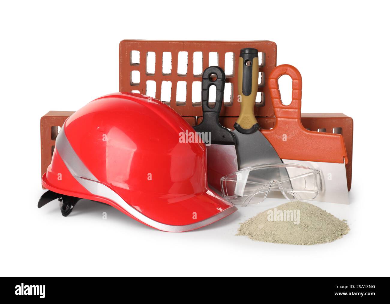 Building materials, safety equipment and construction tools isolated on ...