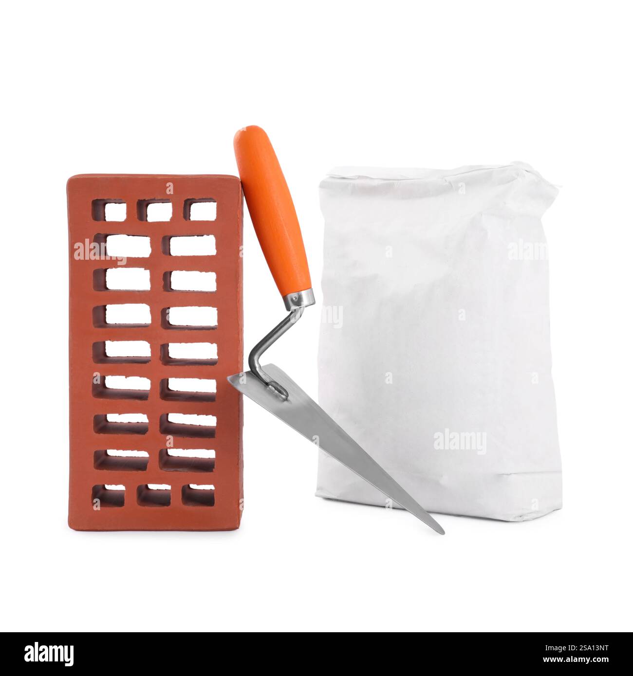 Construction materials and bucket trowel isolated on white Stock Photo ...