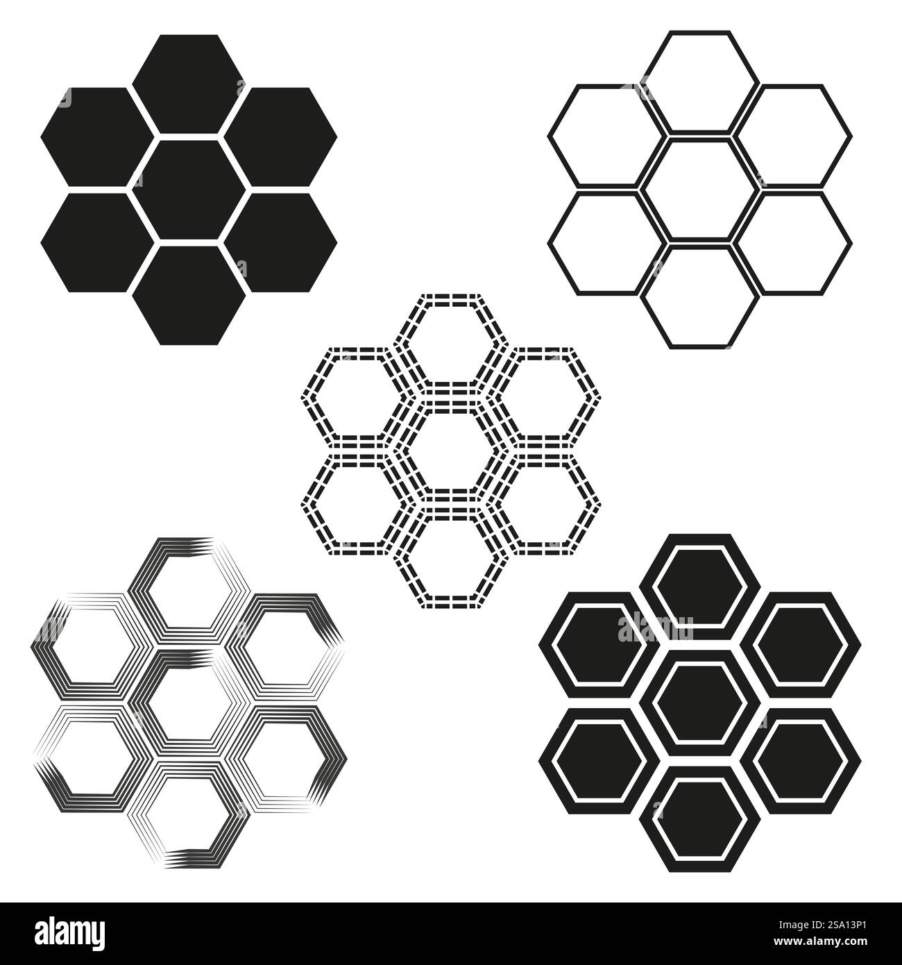 Hexagon shapes collection. Geometric honeycomb symbols. Abstract vector ...