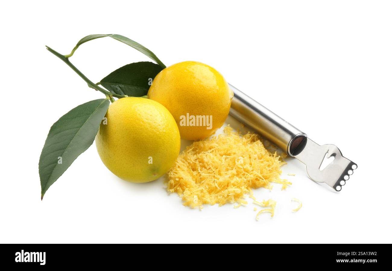 Lemon zest, fresh fruits and zester tool isolated on white Stock Photo ...