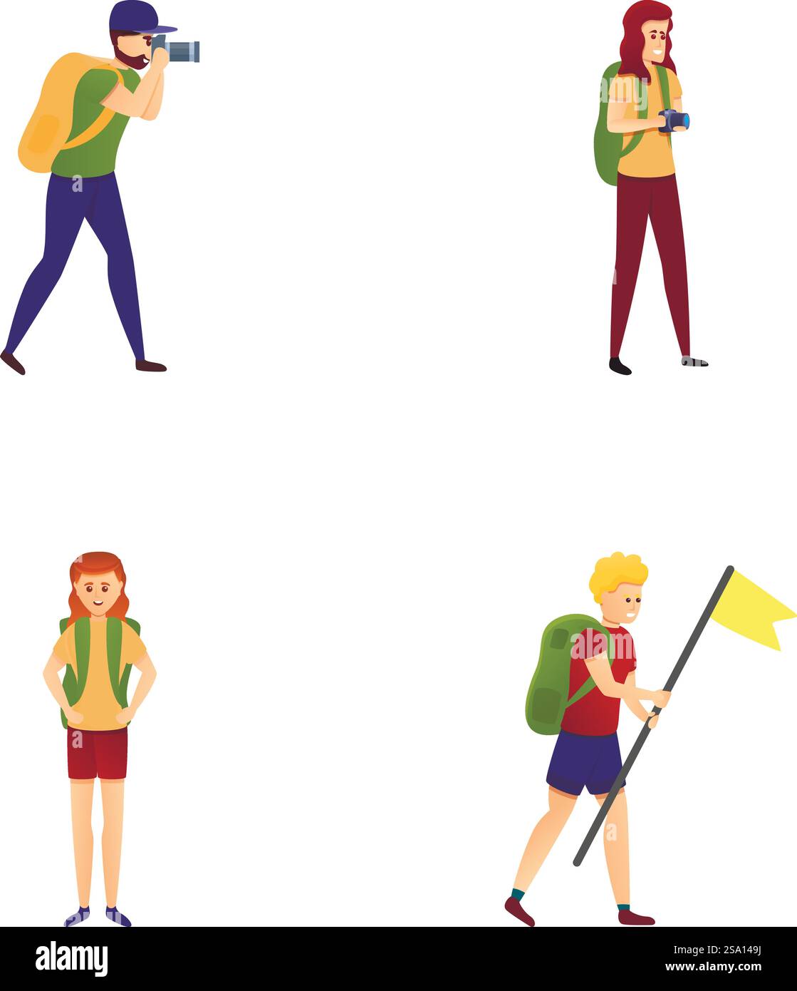 Hiking icons set cartoon vector. People with backpack go hiking. Outdoor activity concept ...