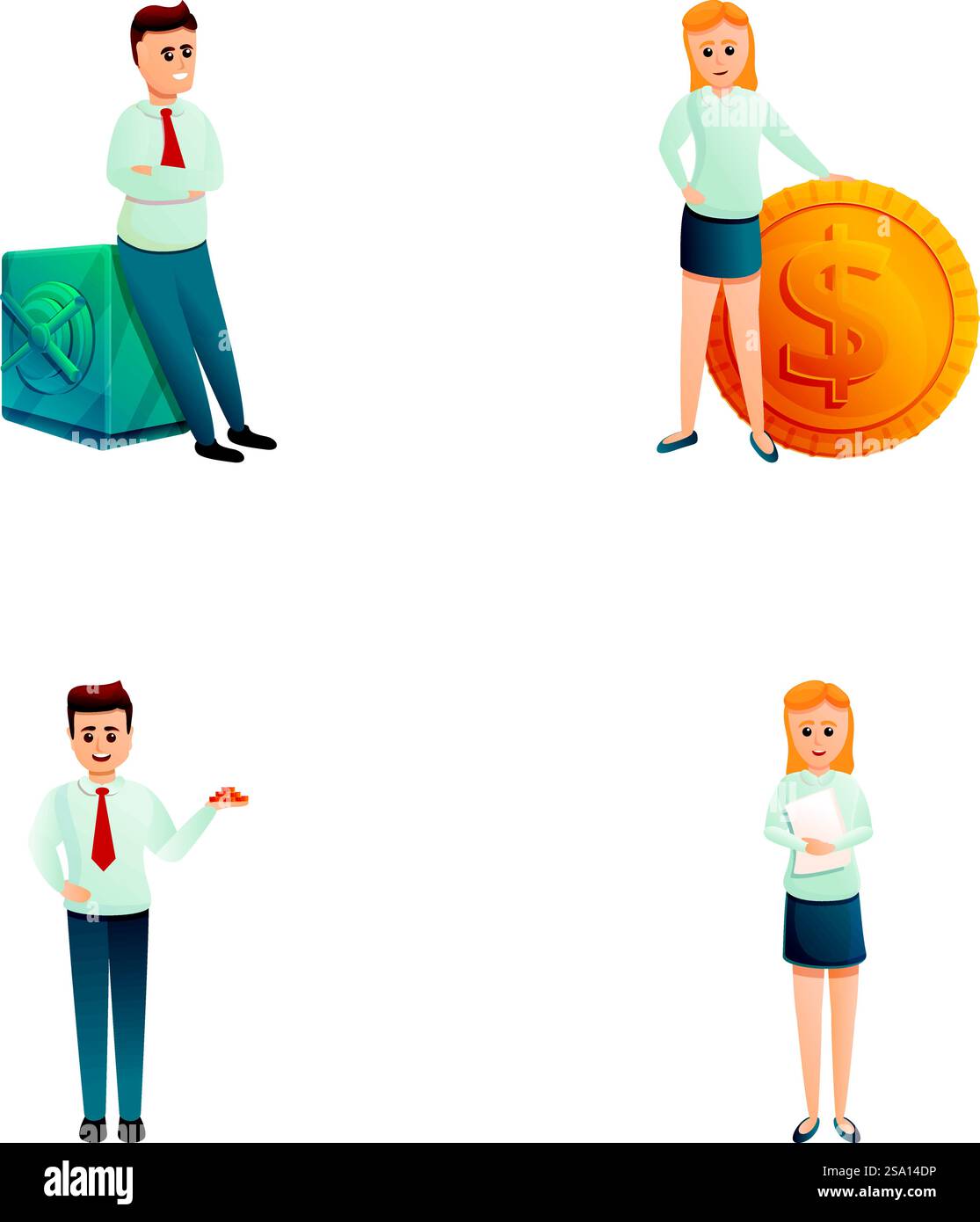 Bank worker icons set cartoon vector. Office worker and big gold coin ...