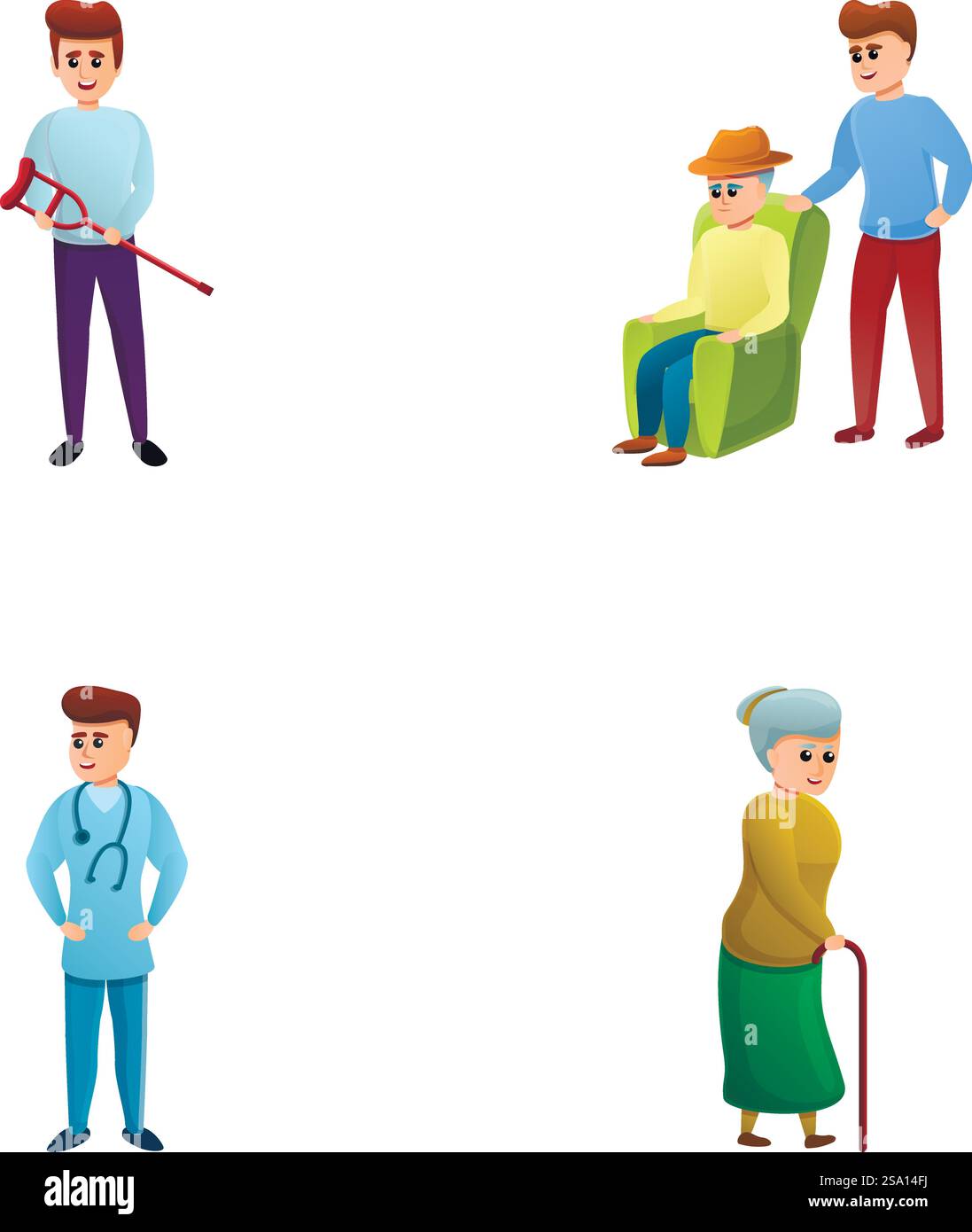 Elderly care icons set cartoon vector. Medical worker and volunteer ...