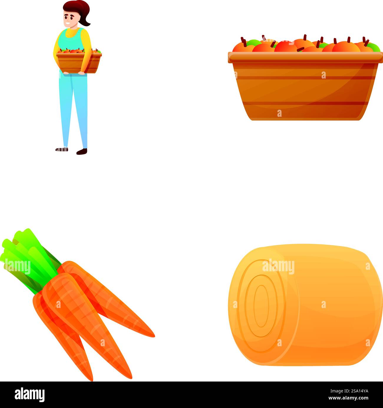 Harvesting icons set cartoon vector. Agriculture worker produce food ...