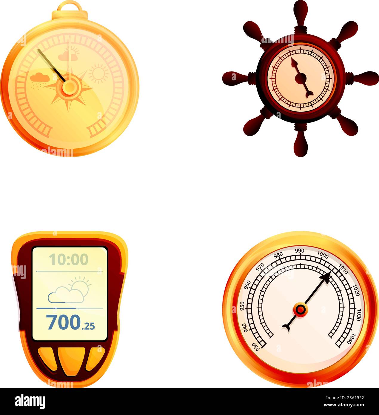 Barometer icons set cartoon vector. Equipment for measuring atmospheric pressure. Meteorology ...
