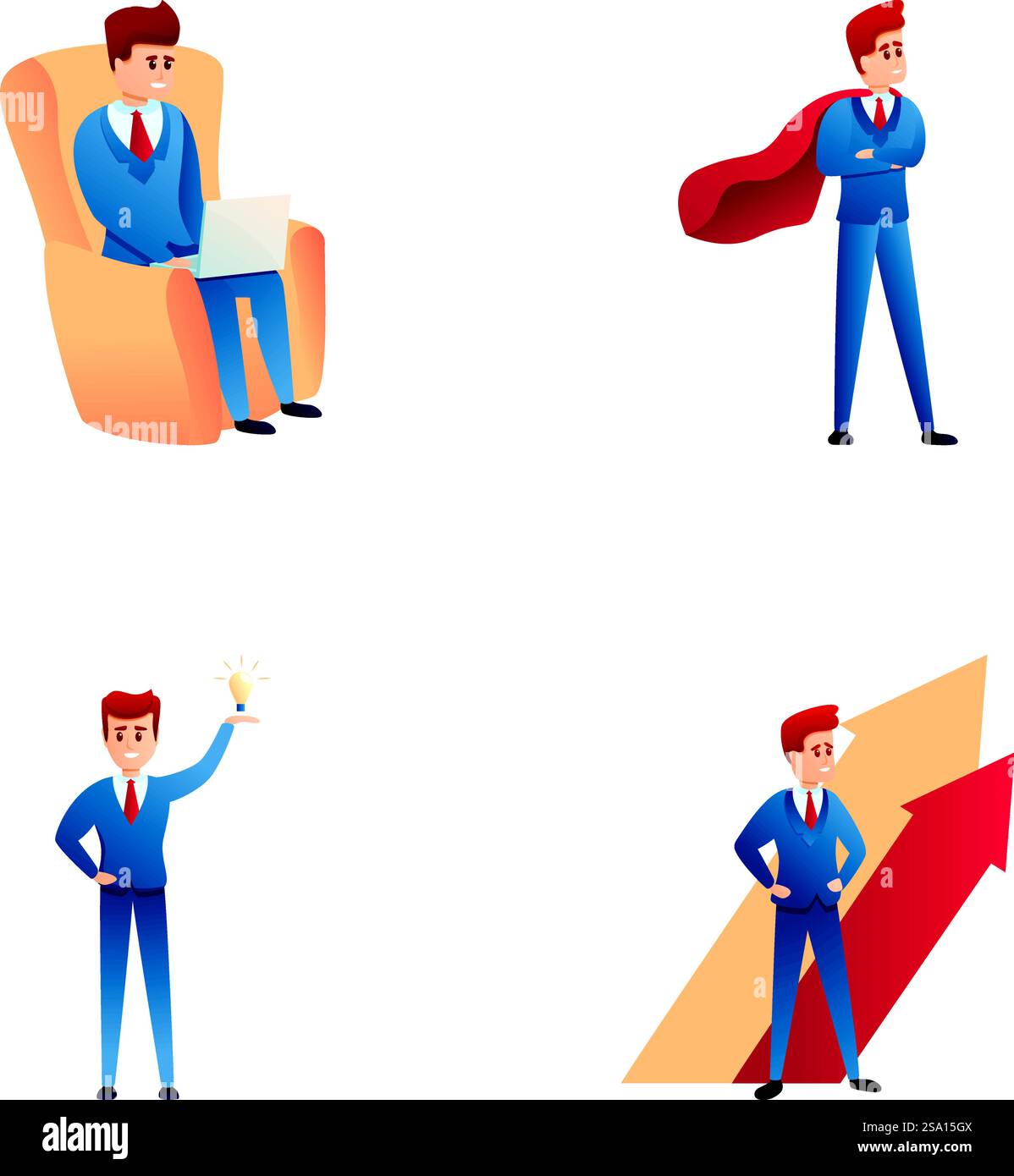 Leader man icons set cartoon vector. Businessman with idea and superman ...