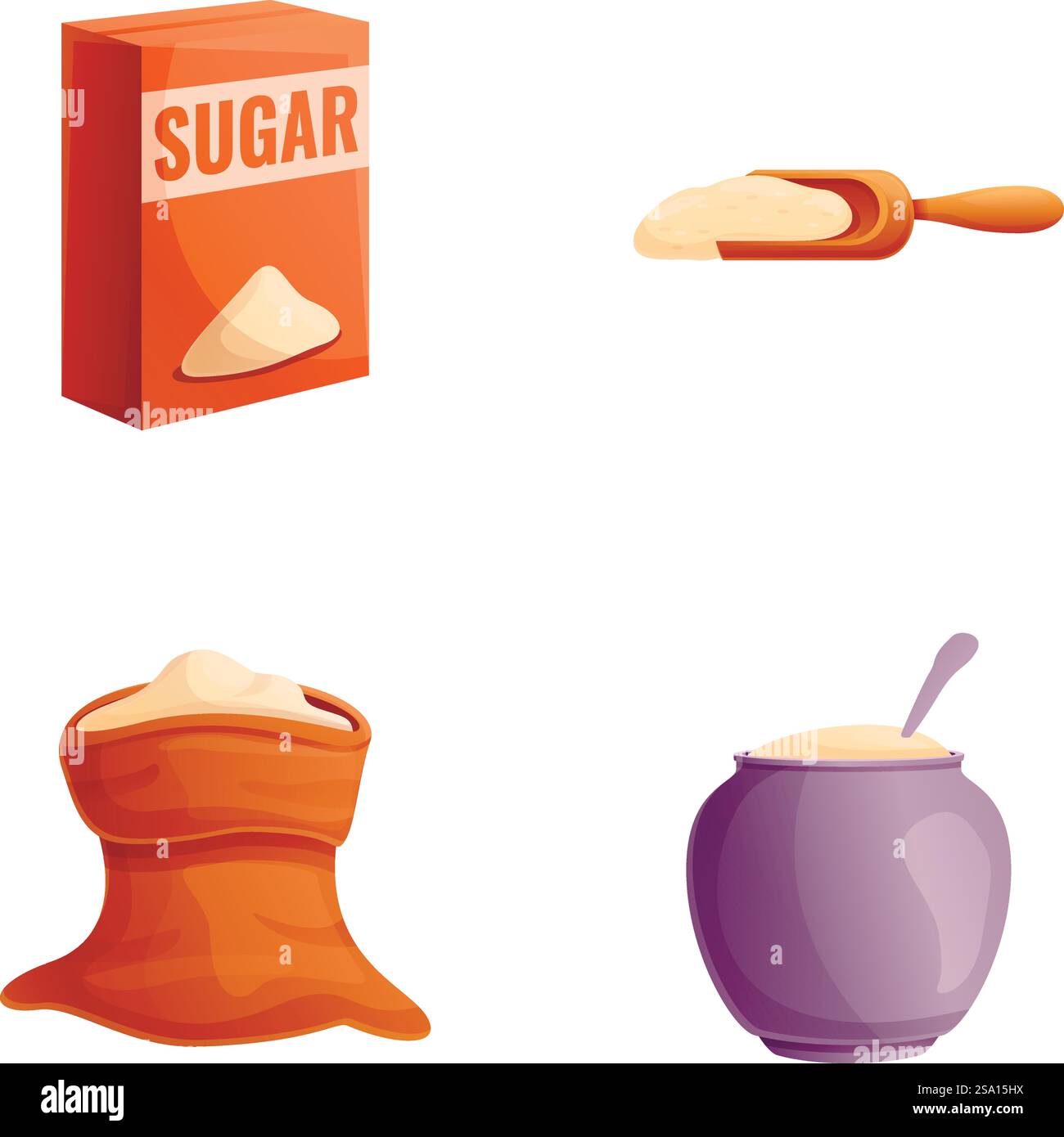 White sugar icons set cartoon vector. Sugar in canvas bag and carton ...
