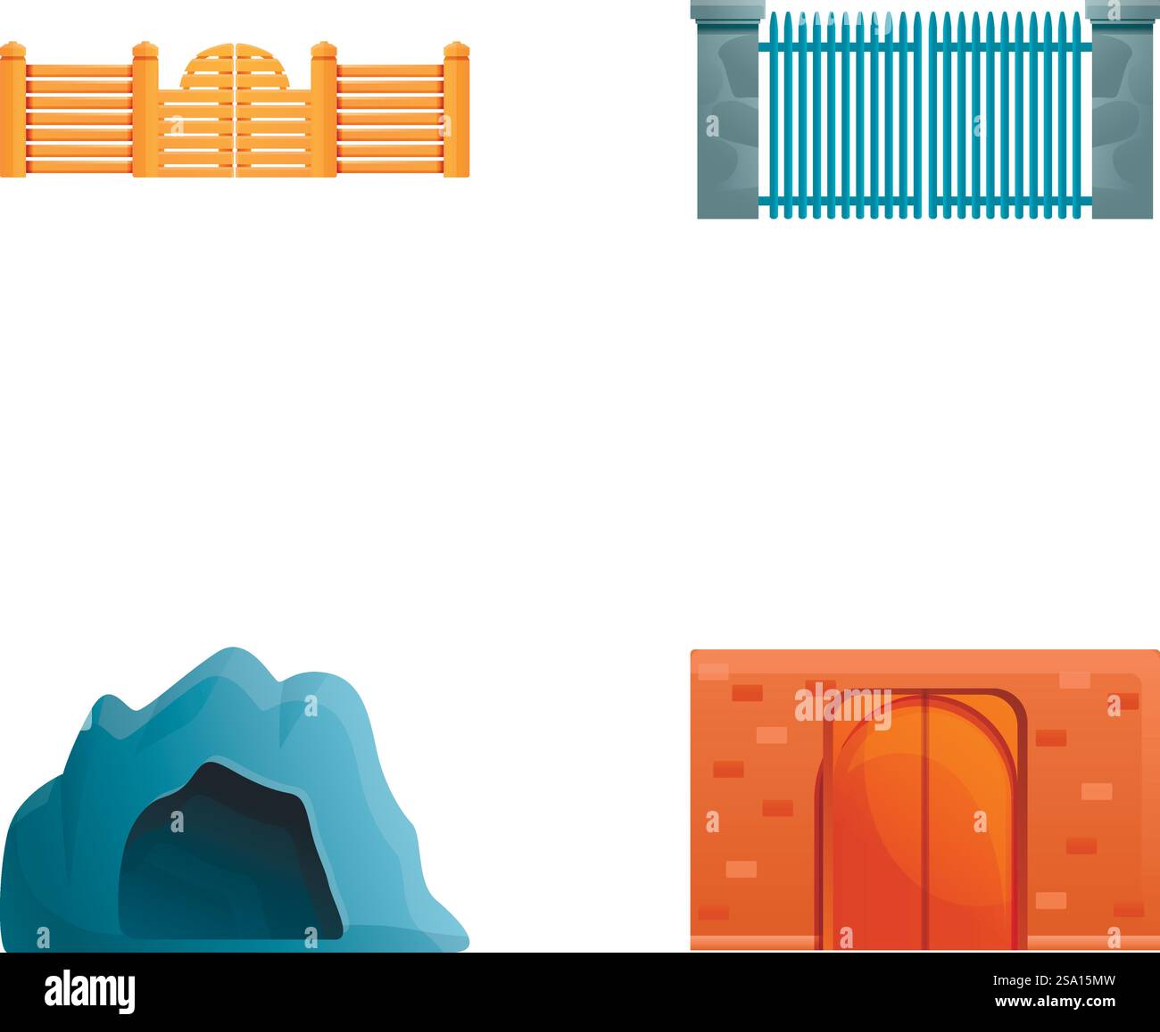 Various gate icons set cartoon vector. Wooden gate and entrance to ...