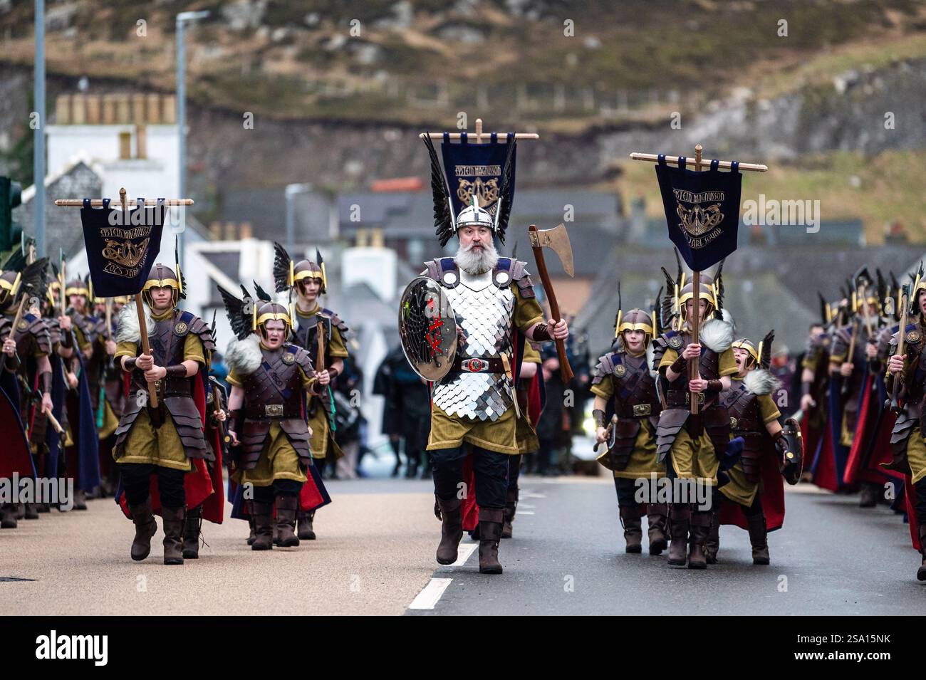 Lerwick, Scotland, 01.28.2025 Guizer Jarl Calum Grains leads with the ...
