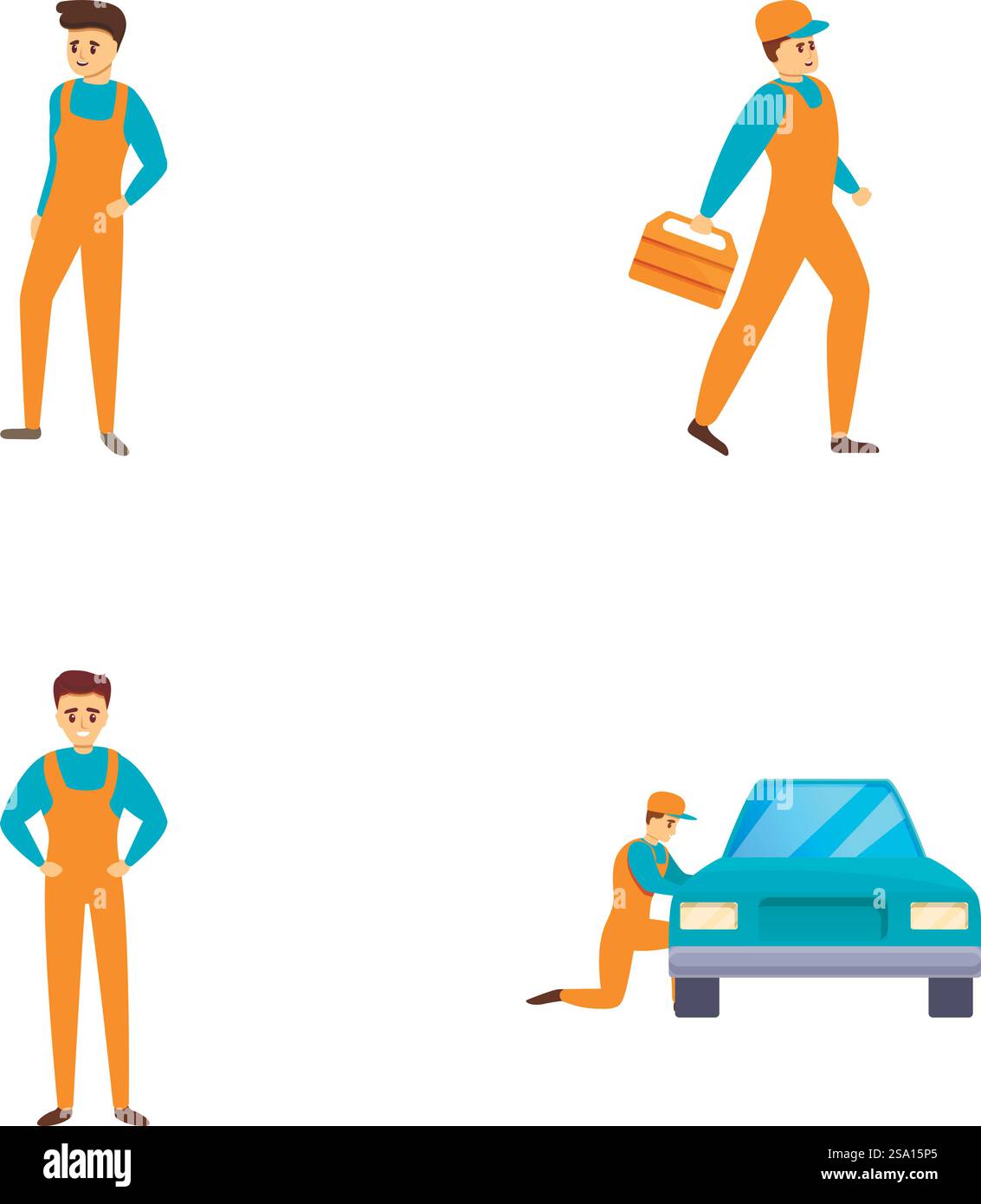 Car service icons set cartoon vector. Auto mechanic repairing car ...