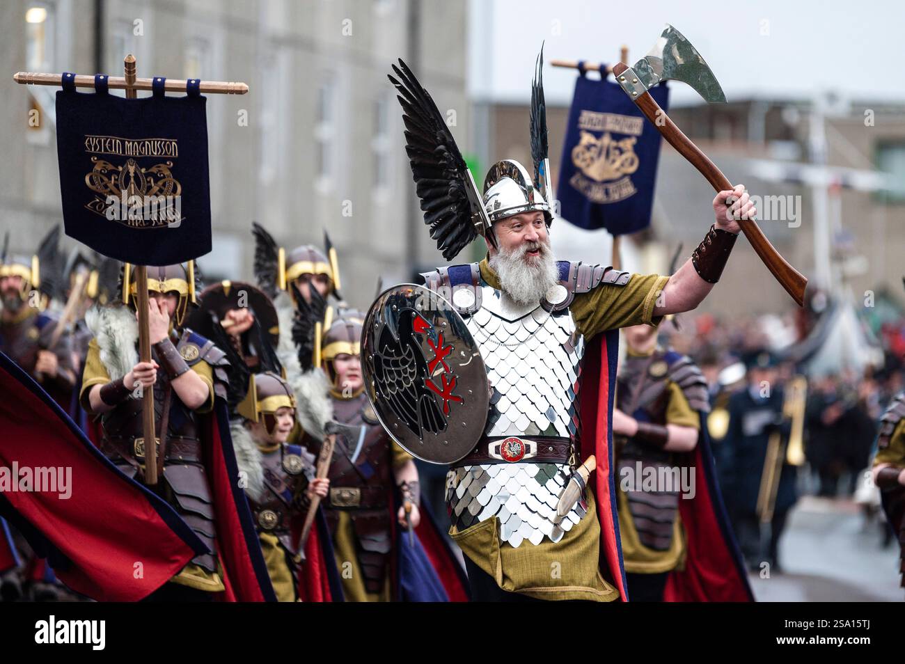 Lerwick, Scotland, 01.28.2025 Guizer Jarl Calum Grains leads with the ...