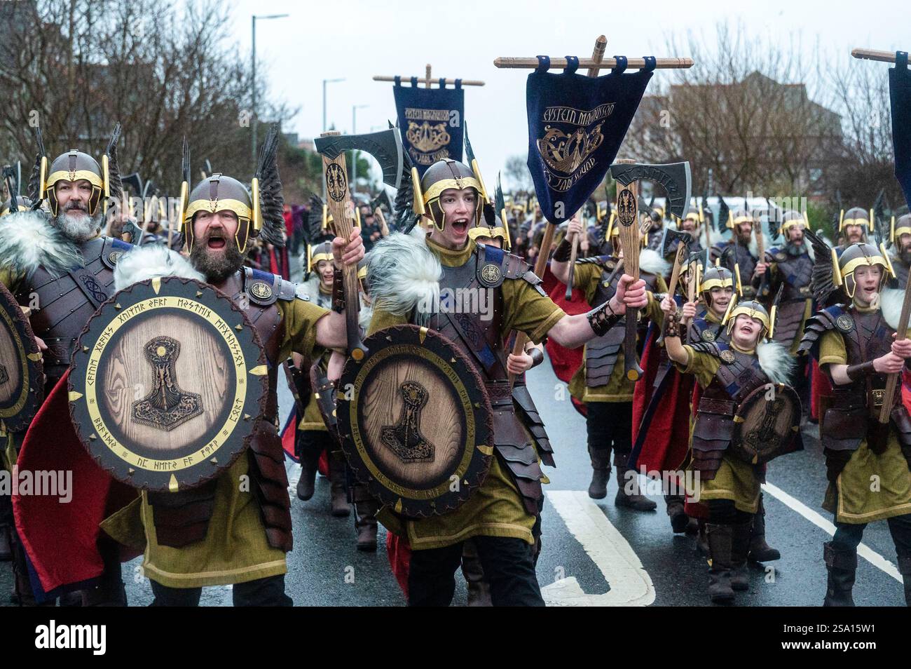 Lerwick, Scotland, 01.28.2025 Guizer Jarl Calum Grains leads with the ...