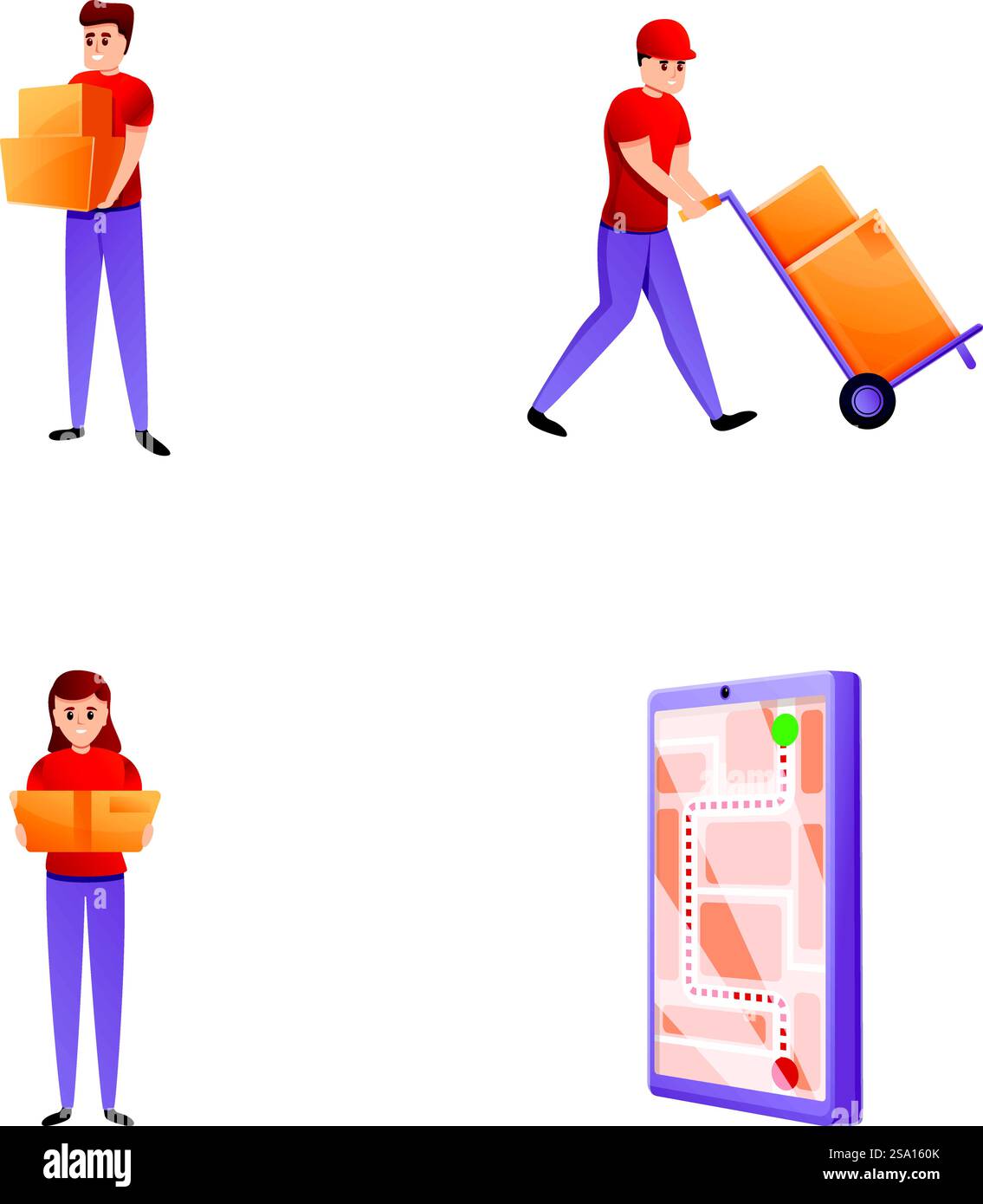 Hand delivery icons set cartoon vector. Man and woman courier ...