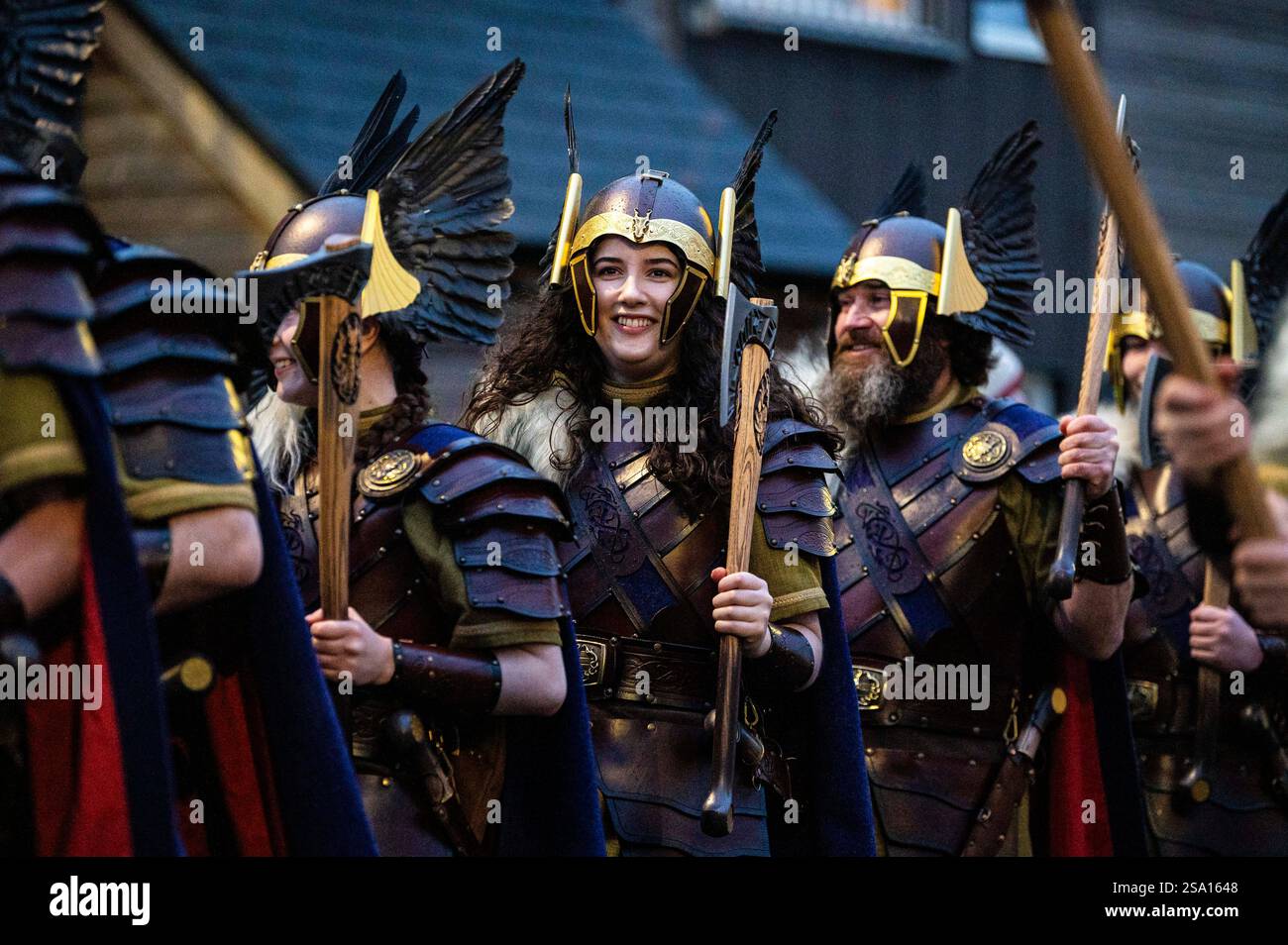 Lerwick, Scotland, 01.28.2025 Guizer Jarl Calum Grains leads with the ...