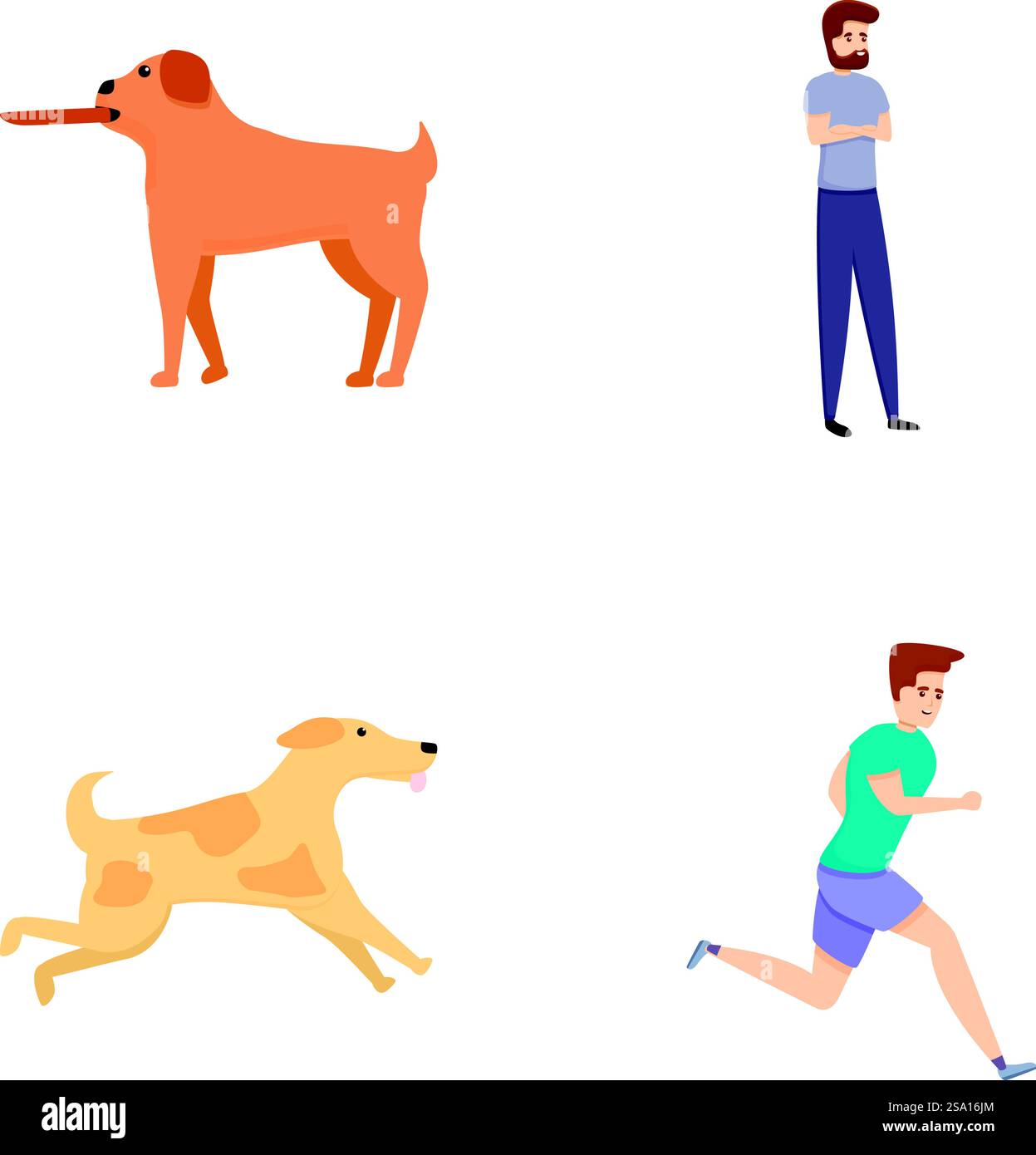 Dog trainer icons set cartoon vector. Pet owner teaching command to dog ...