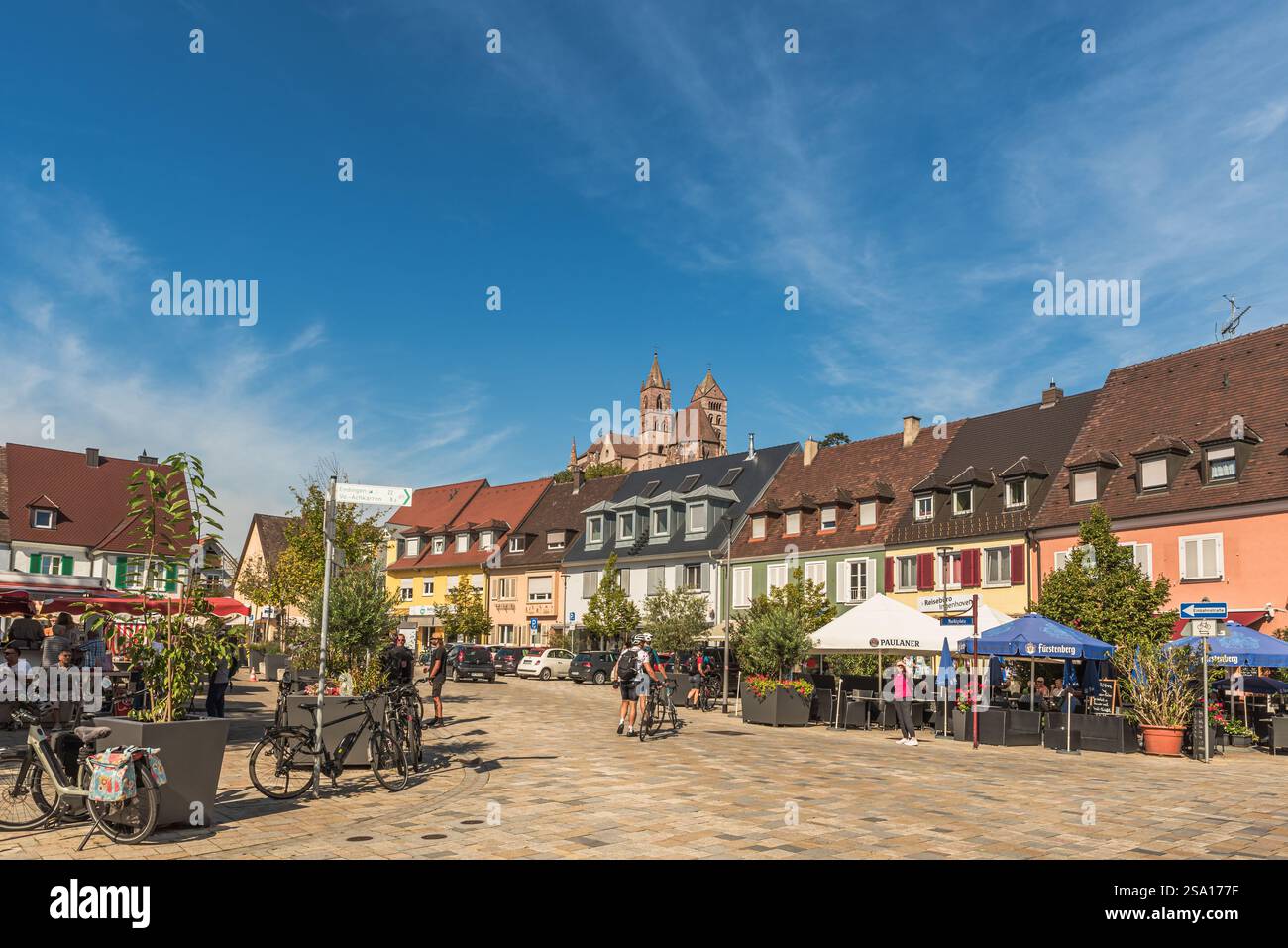 Market square in Breisach am Rhein with view of St. Stephan cathedral ...