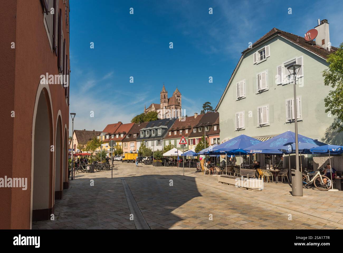 Market square in Breisach am Rhein with view of St. Stephan cathedral ...