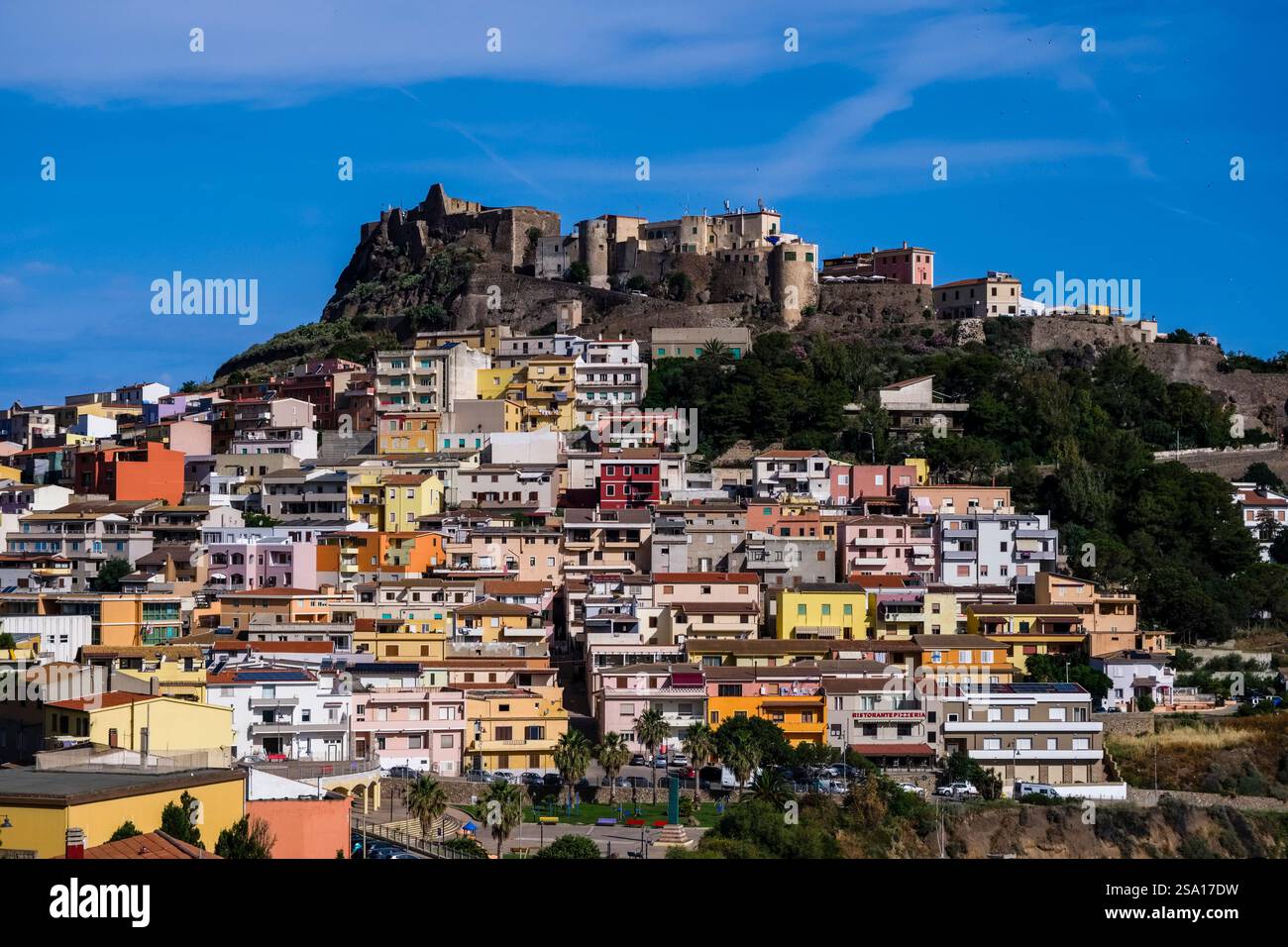 Houses in the coastal town of Castelsardo, grouped around a hill with ...