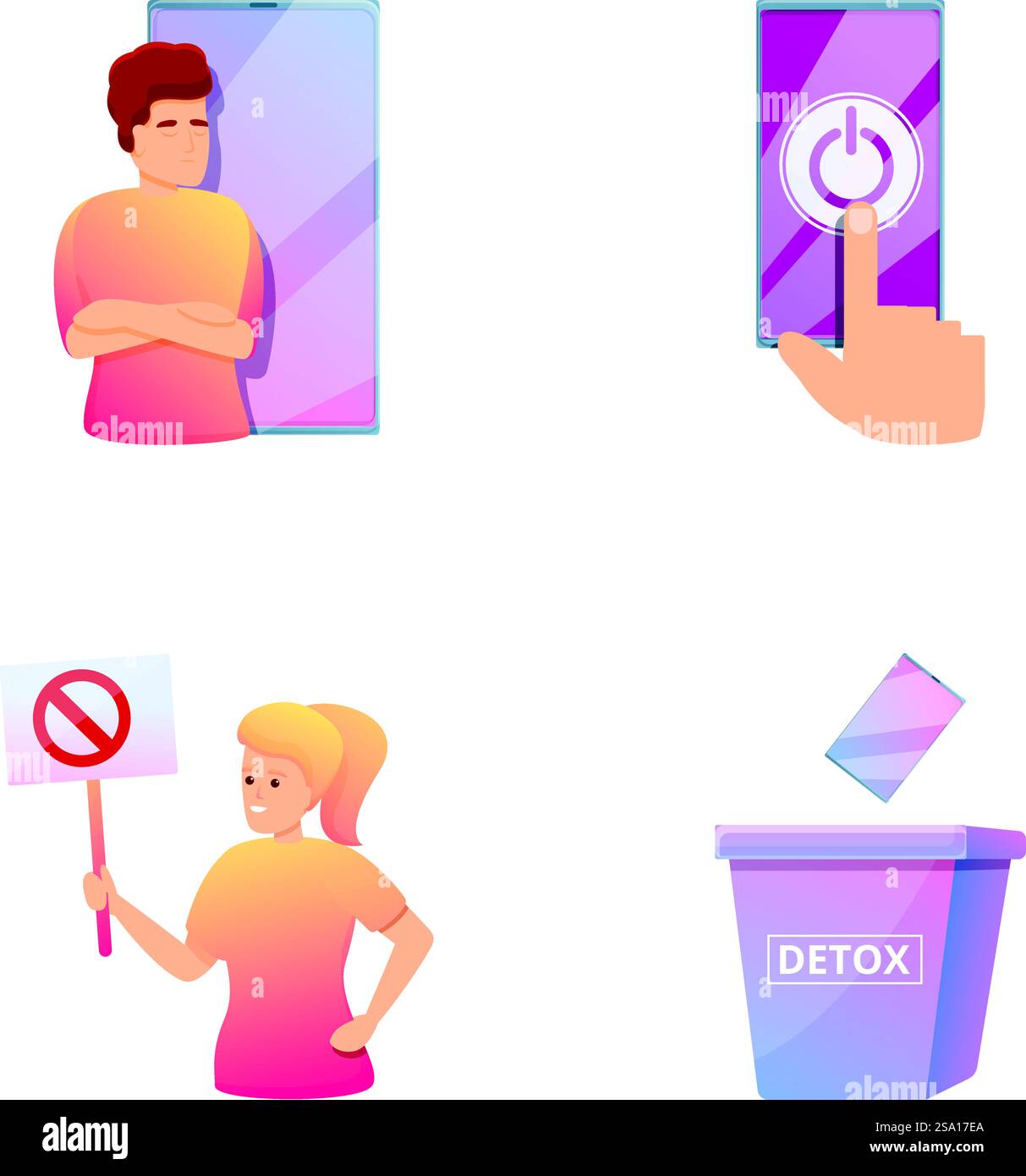 Gadget addiction icons set cartoon vector. Smartphone dependence of ...