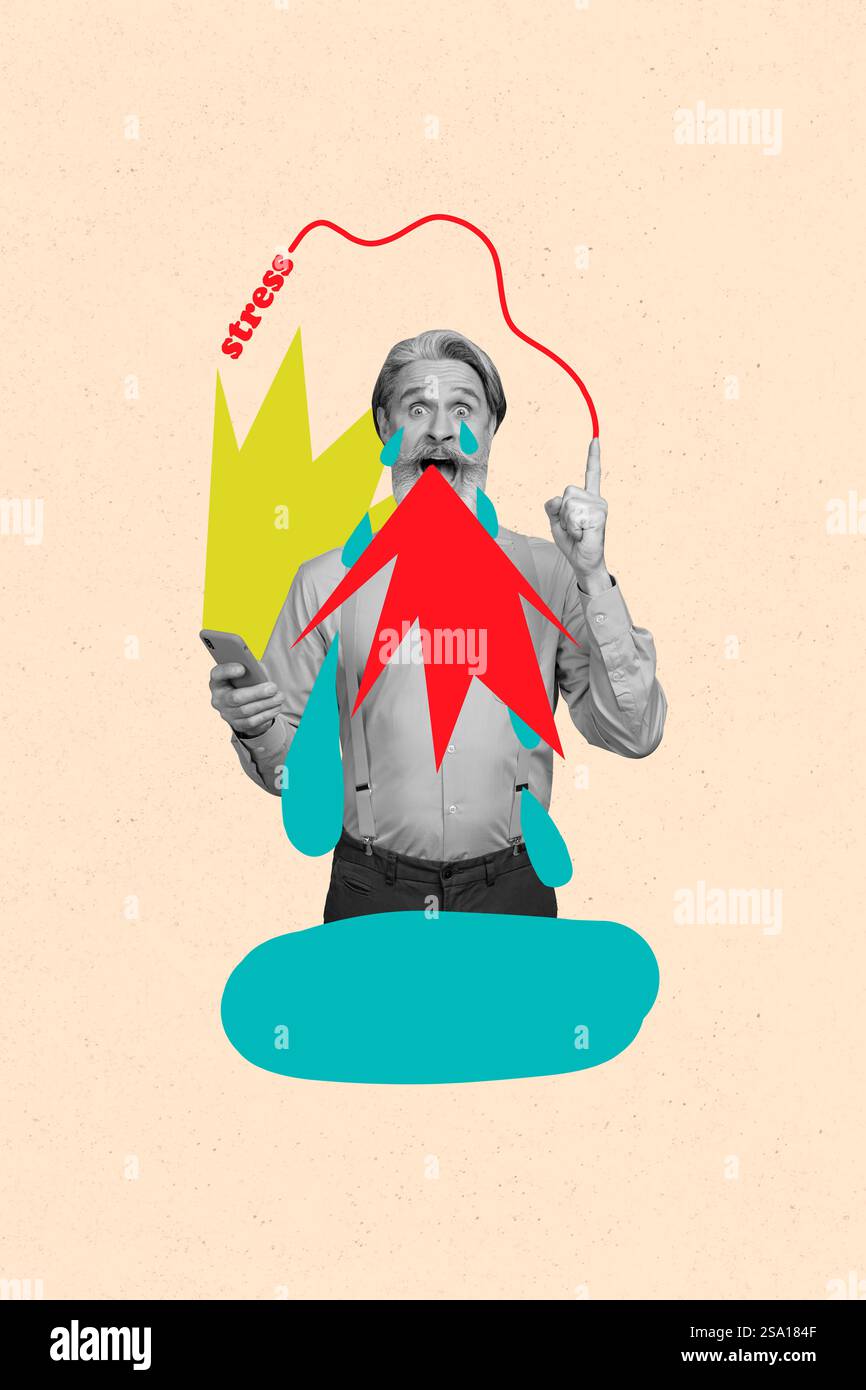 Vertical photo collage of crazy old man hold phone show index finger ...