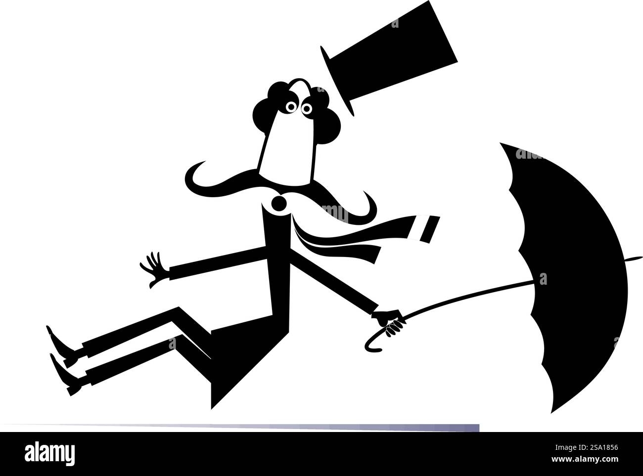 Cartoon man, umbrella and windy day. Cartoon long mustache man in the ...