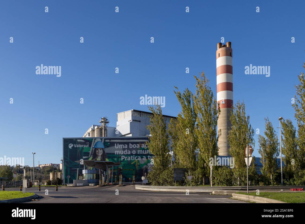 Valorsul's waste to energy facility showcases chimney and billboard ...