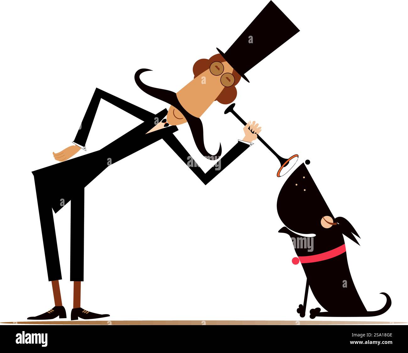 Male veterinarian examining a dog. Funny long mustache man in the top ...