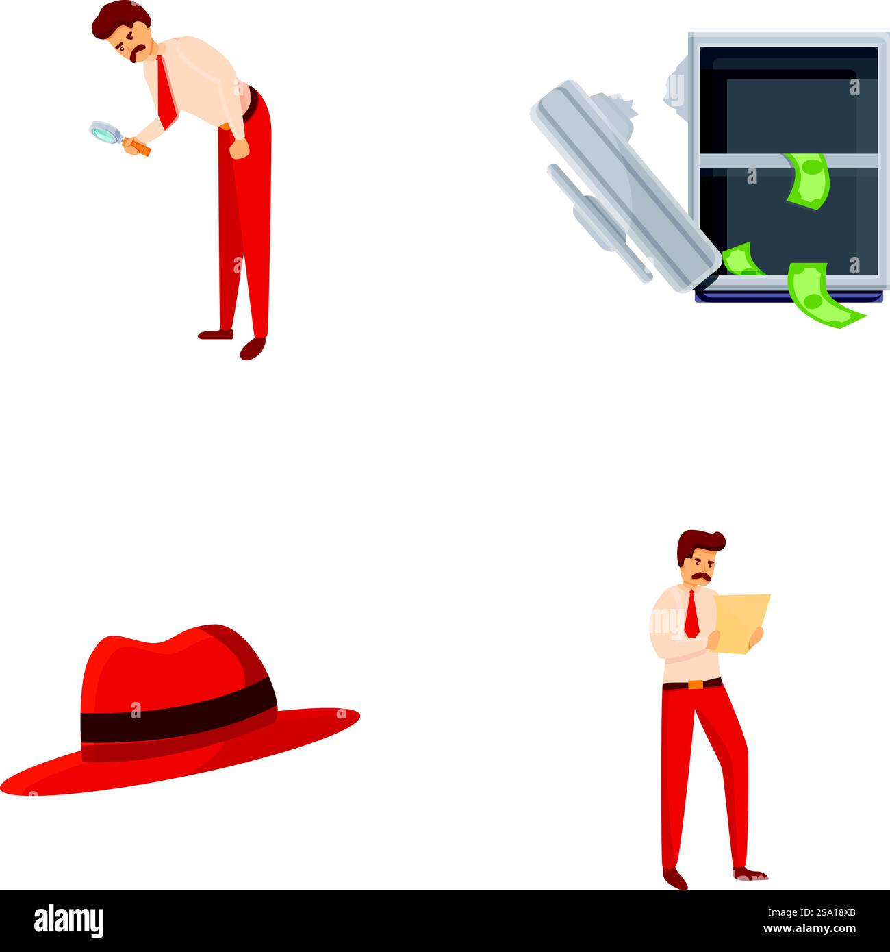 Private detective icons set cartoon vector. Man detective near hacked safe. Robbery, crime ...
